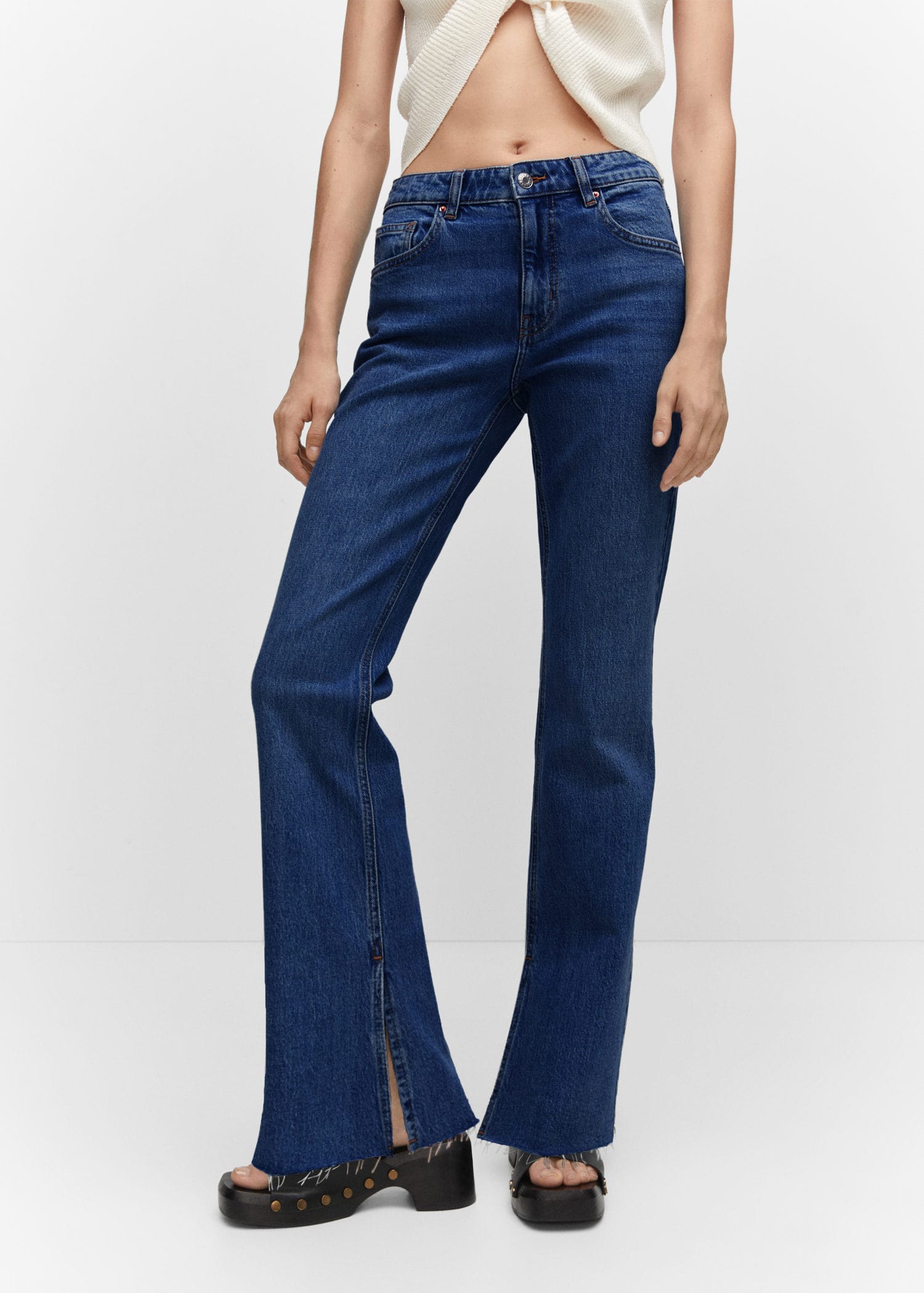 MANGO Mid-Waist Flared Jeans With Slits in Dark Blue | endource