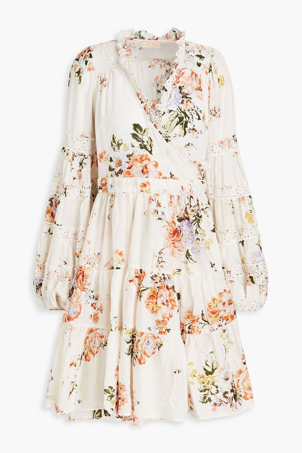 BYTIMO Gathered Floral-Print Cotton Mini Wrap Dress in White | endource