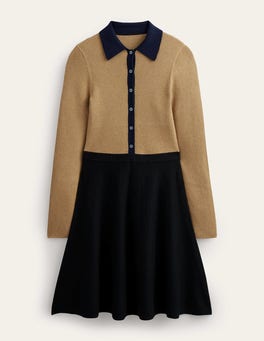 BODEN Rib Detail Knitted Mini Dress in Black, Camel Colourblock | endource