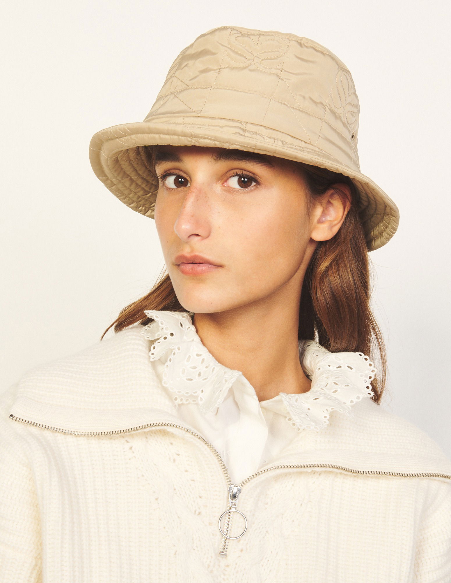 SANDRO Quilted Bucket Hat in Beige | endource