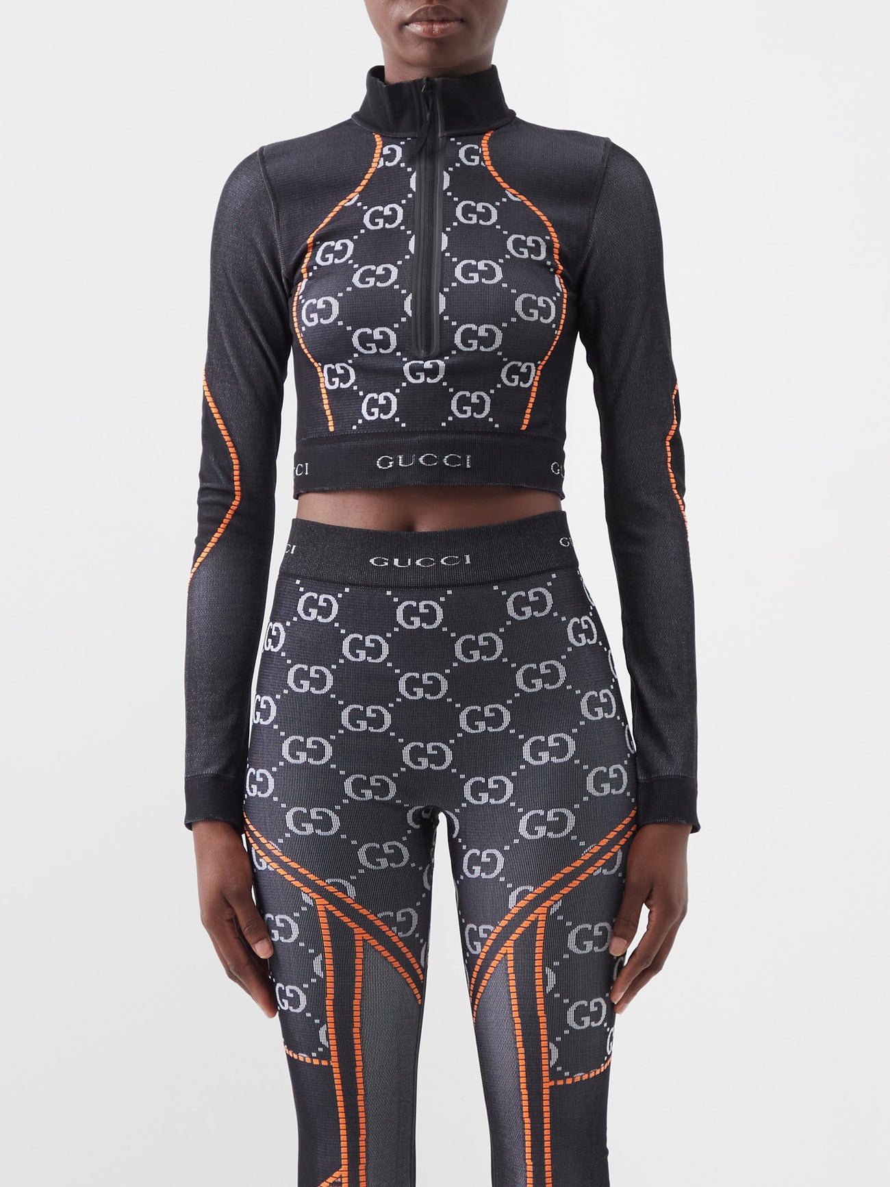 GUCCI GG-Monogram Long-Sleeved Jersey Crop Top in Black | Endource