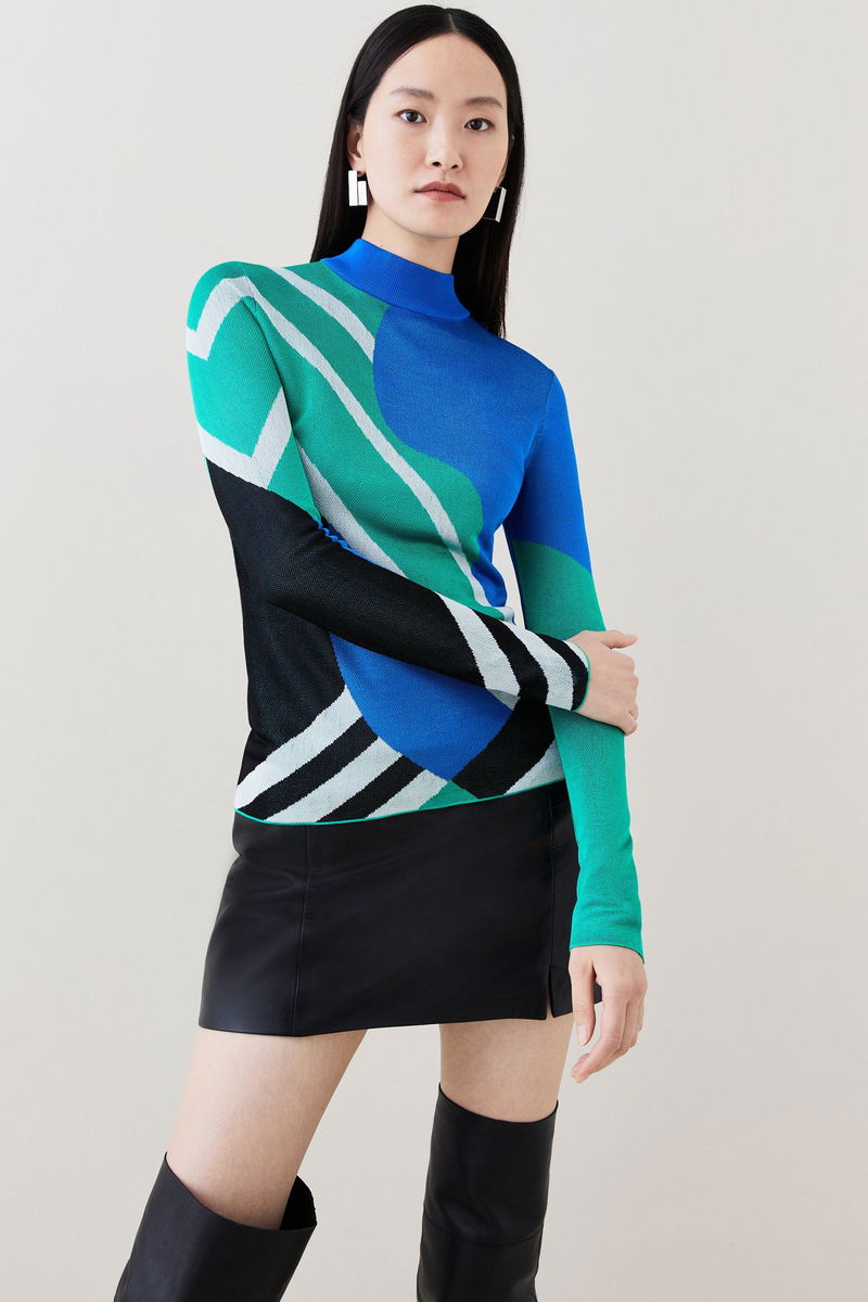KAREN MILLEN Placement Colour Block Slinky Knit Top in Cobalt | endource