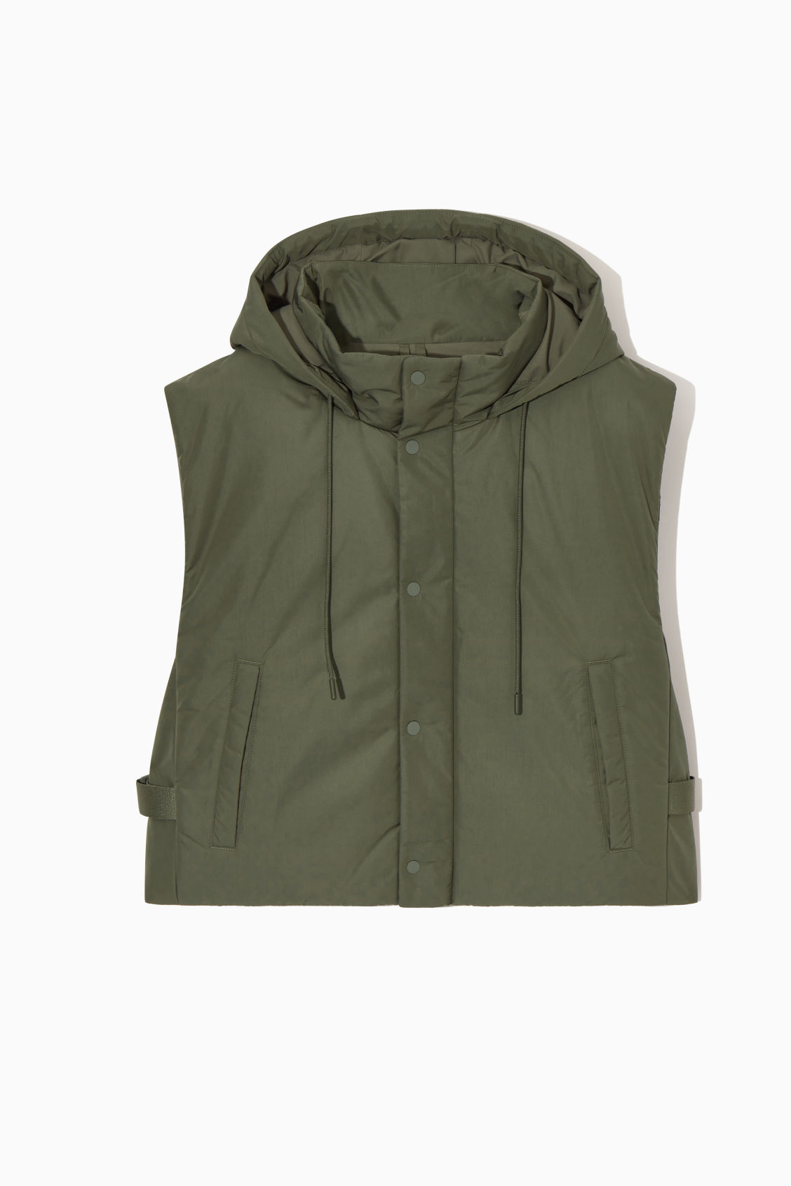 COS Buckled-Side Padded Hooded Gilet in DARK GREEN | endource
