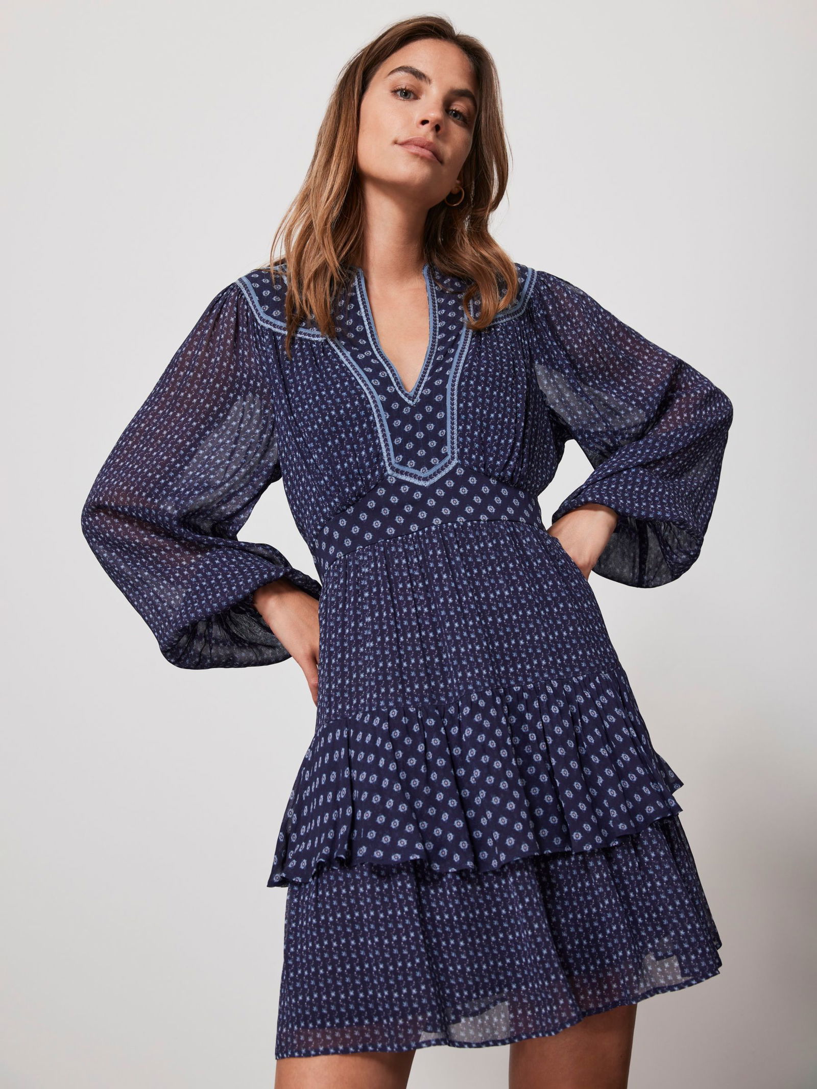 MINT VELVET Printed Mini Dress in Navy | endource