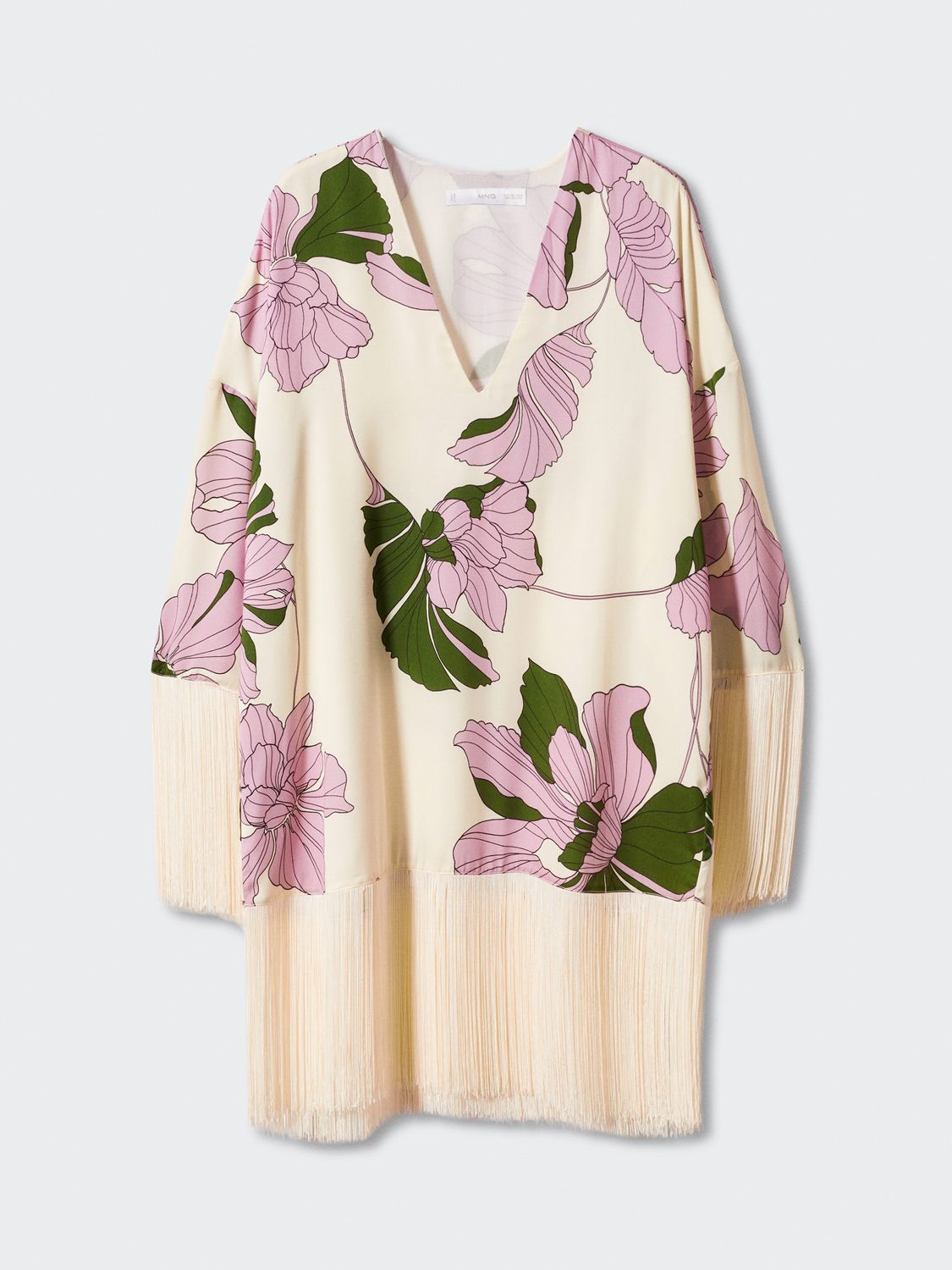 MANGO Floral Print Fringe Detail Tunic Top in Natural White | endource