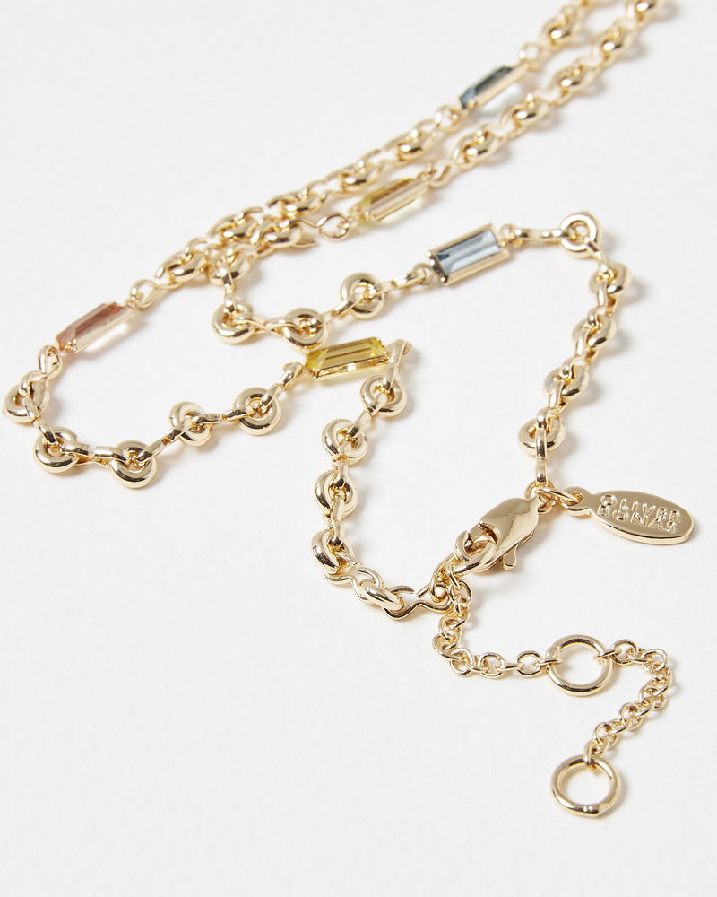 OLIVER BONAS Avery Baguette Stone Chain Short Necklace in Pink | endource