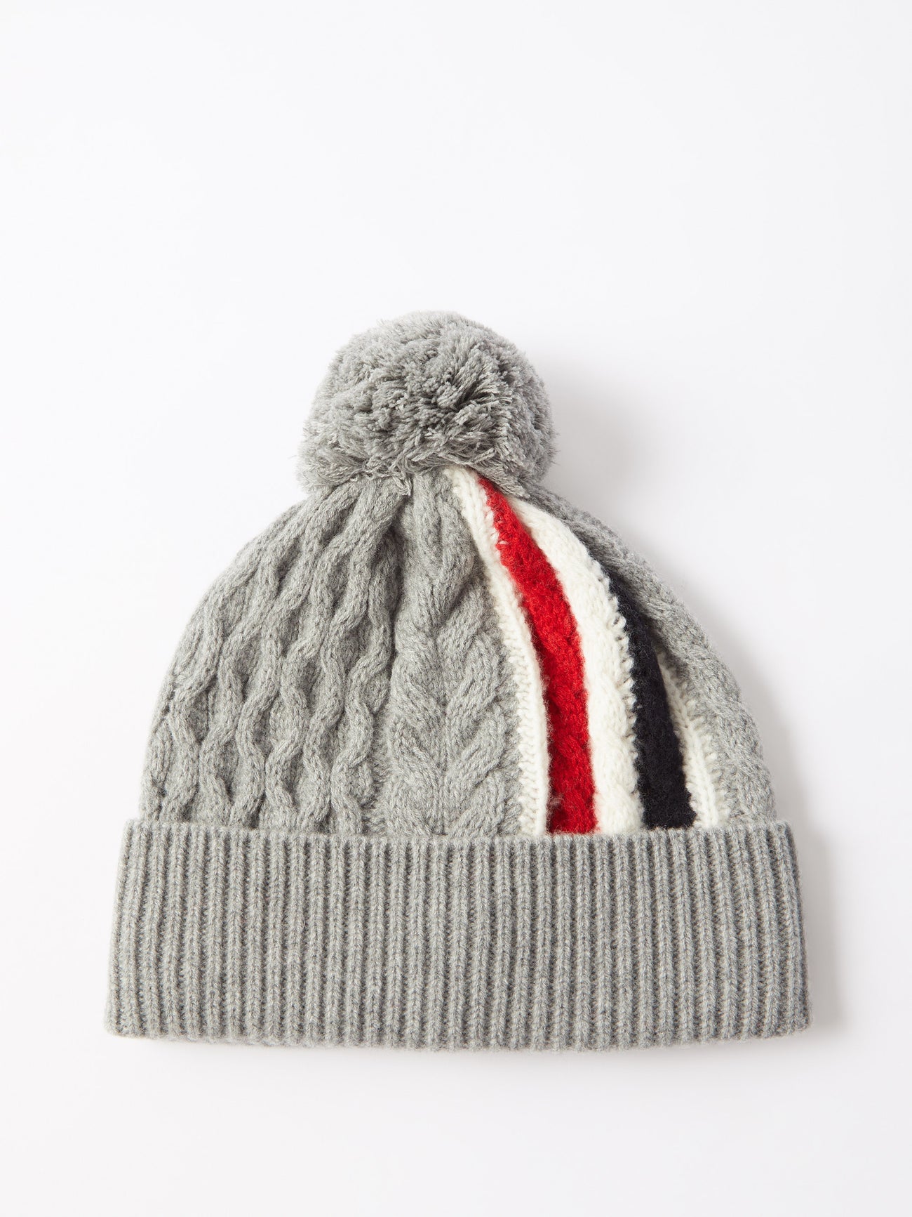 Thom Browne Tricolor Stripe Cable-Knit Wool Bobble Hat in Grey | endource