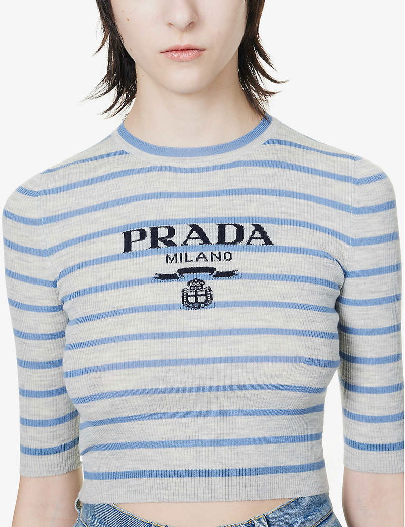 PRADA Logo-Print Slim-Fit Wool Knitted Top in MARMOPERVINCA | endource