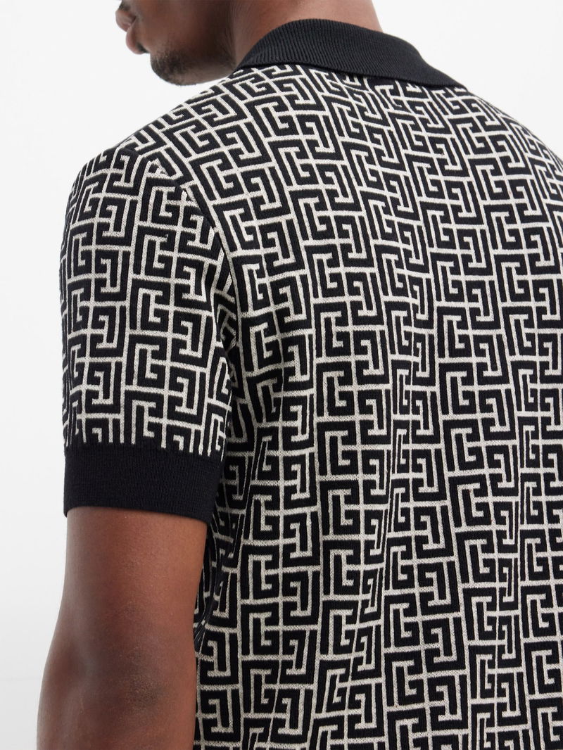 BALMAIN Monogram-Jacquard Merino-Blend Polo Shirt in Black | endource