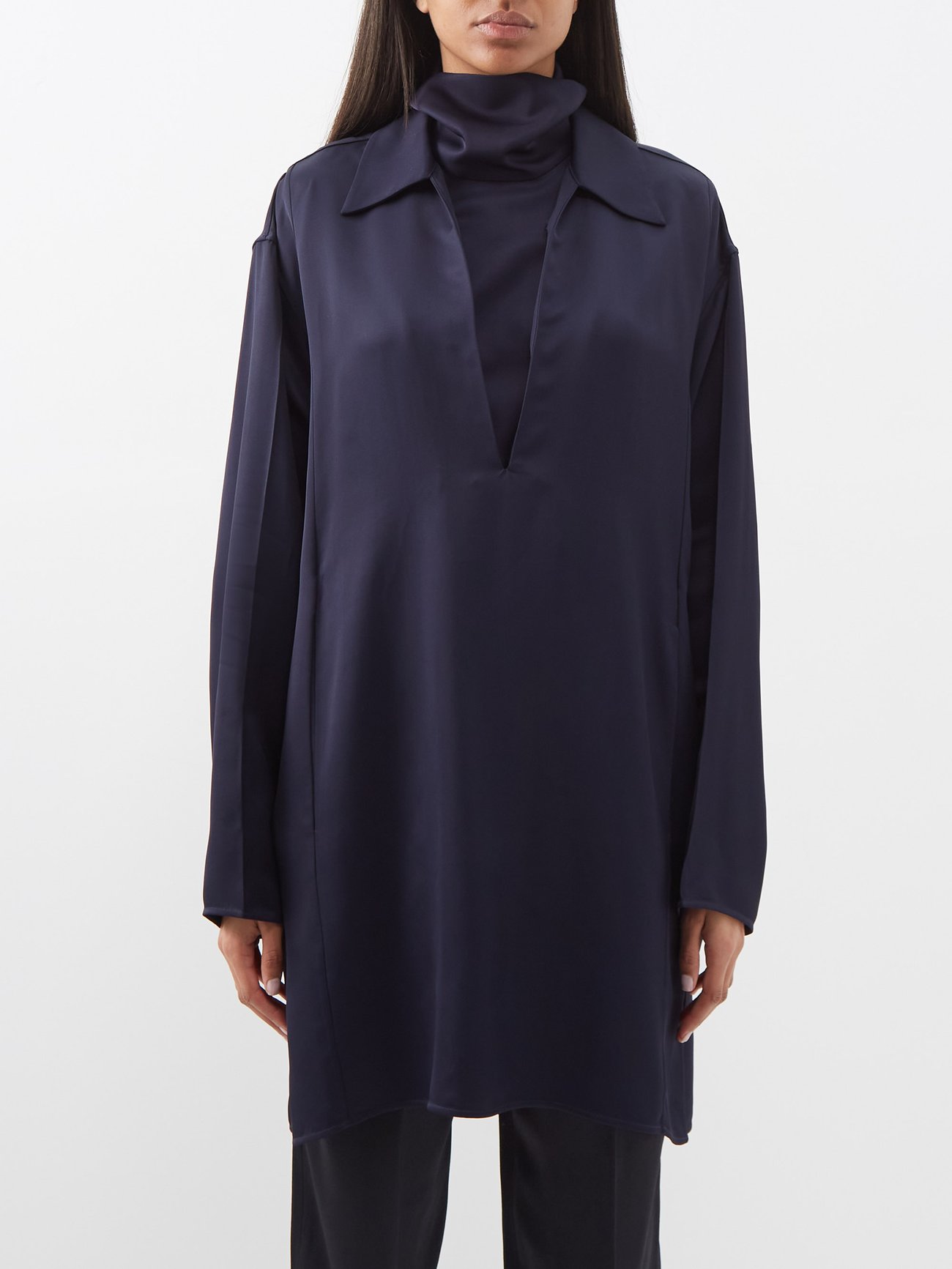 JIL SANDER Roll Neck-Insert Satin Shirt in Navy | endource