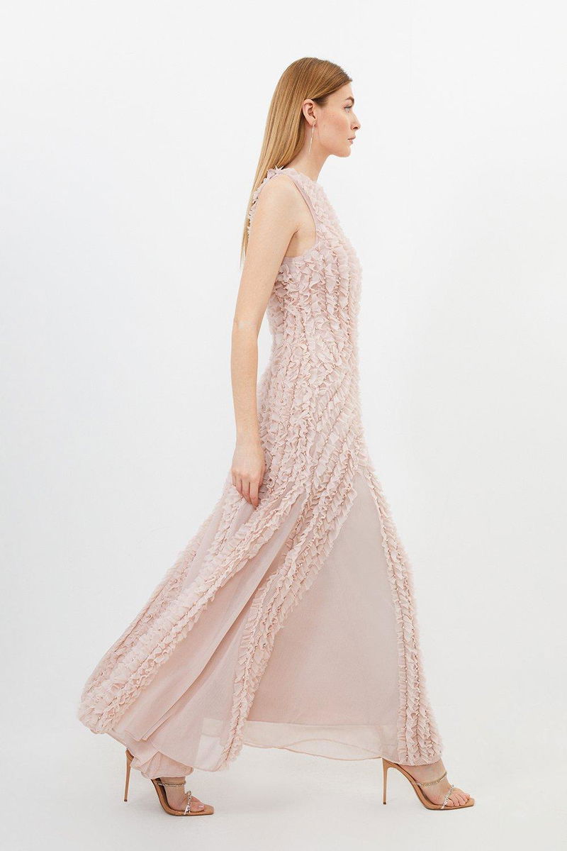 Karen Millen Embellished Ruffle Keyhole Cutout Woven Maxi Dress In