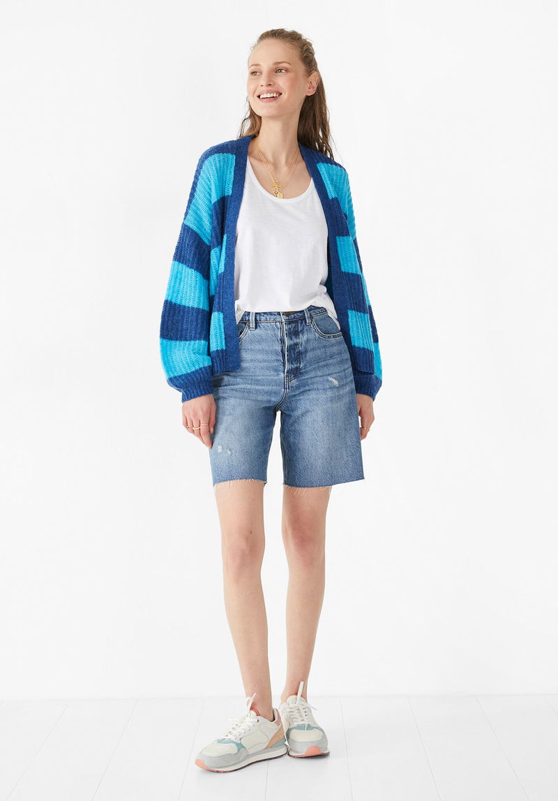 HUSH Abby Striped Edge To Edge Cardigan in Cyan Blue / Blue | endource