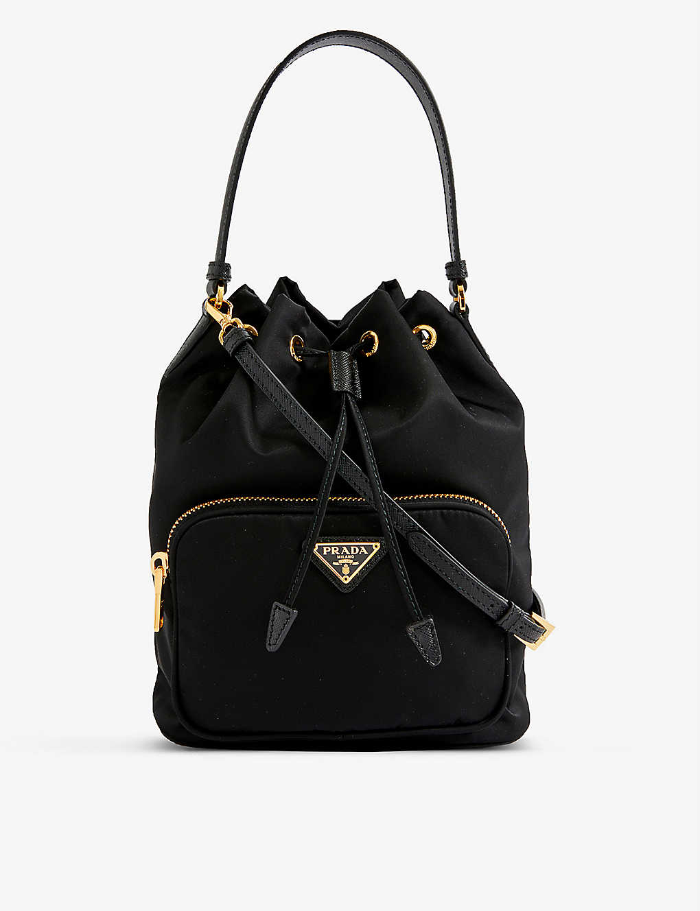 PRADA Duet Brand-Plaque Woven Bucket Bag in NERO | Endource
