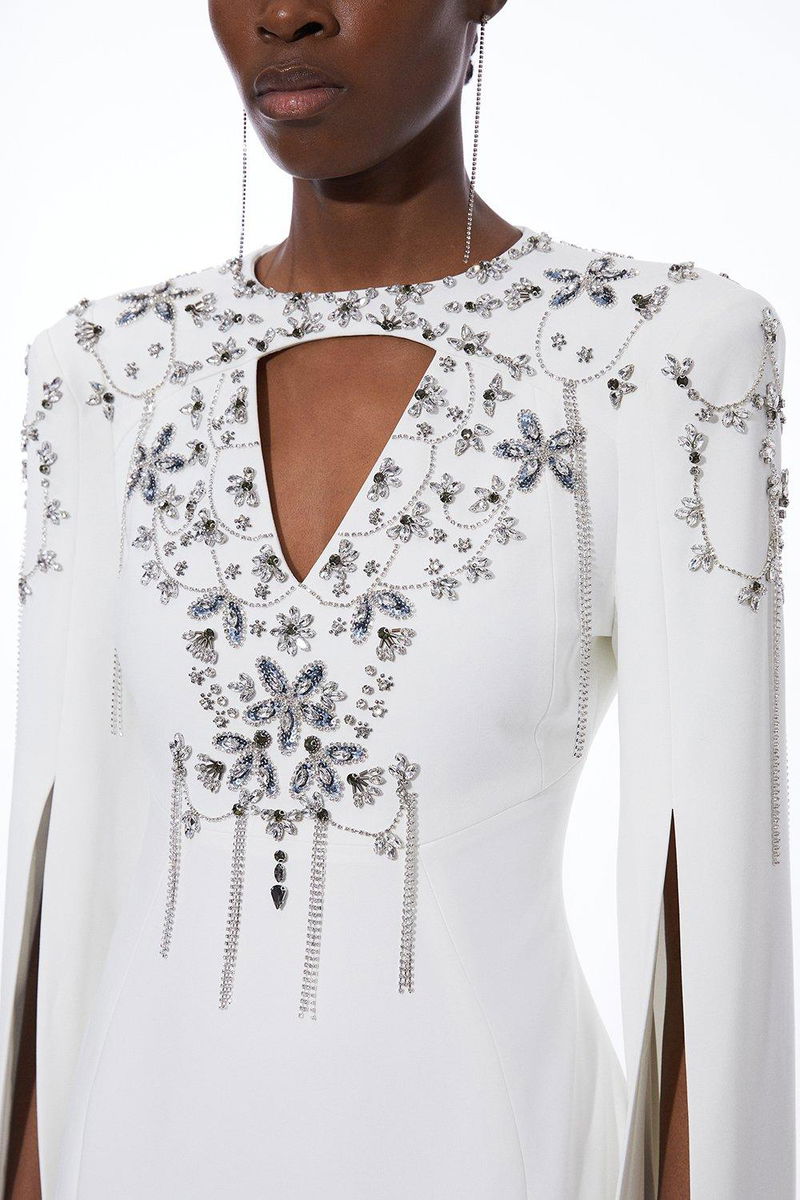 Karen Millen Crystal Embellished Cady Woven Cape Maxi Dress In Ivory