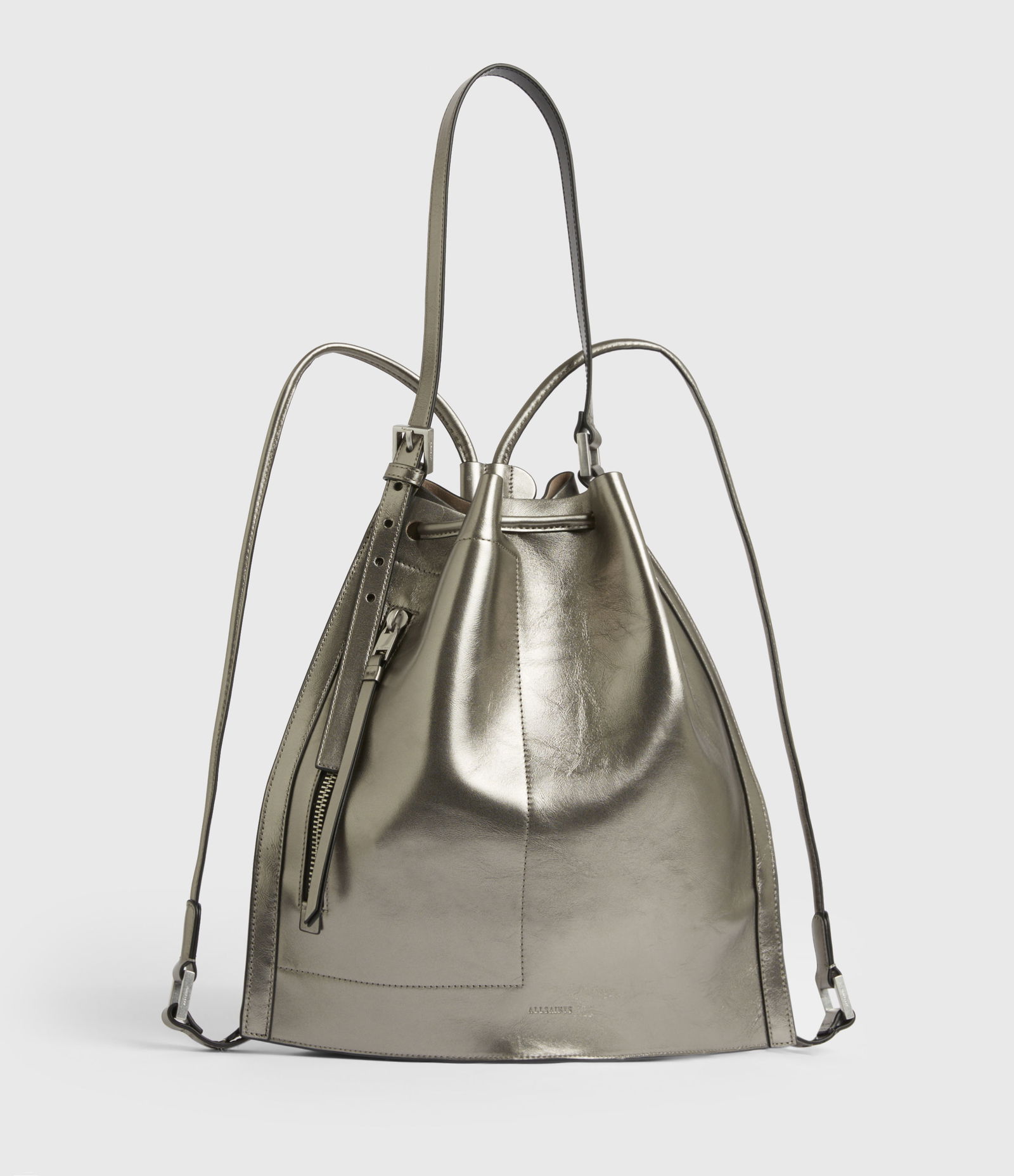 ALLSAINTS Alpha Leather Backpack in Silver | endource