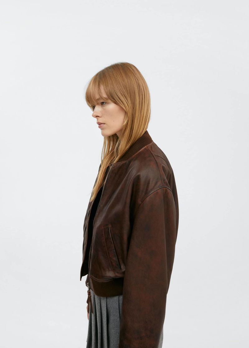 MANGO Leather Bomber Jacket in Brown | Endource