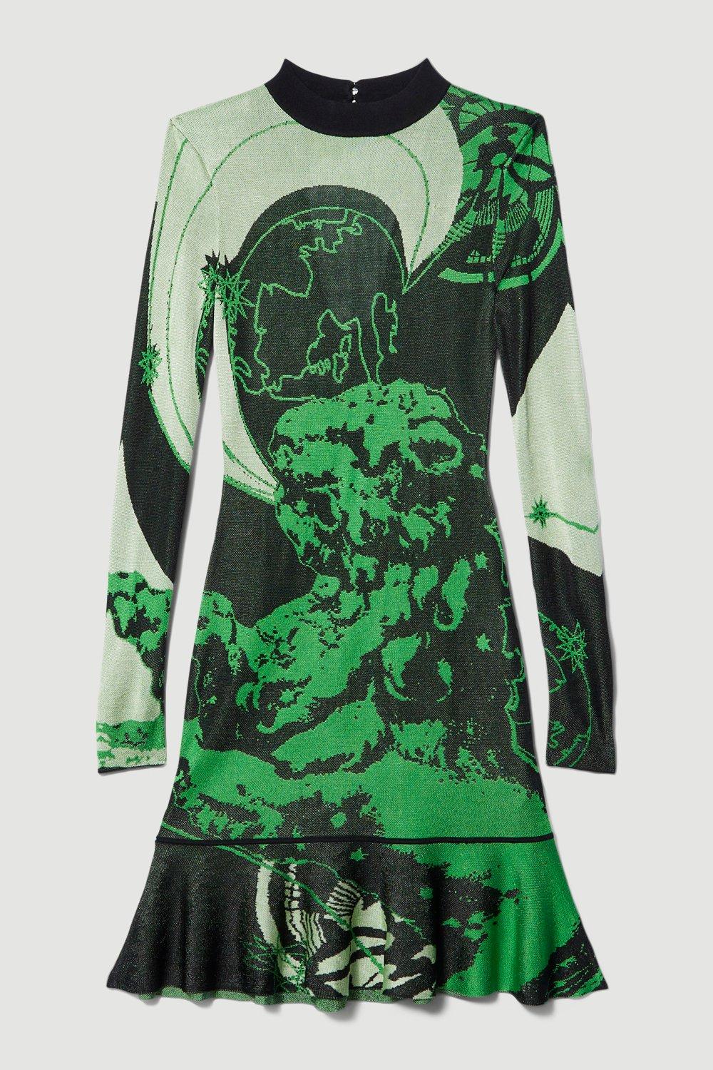 KAREN MILLEN British Museum Slinky Knit Star Mapped Jacquard Flippy ...