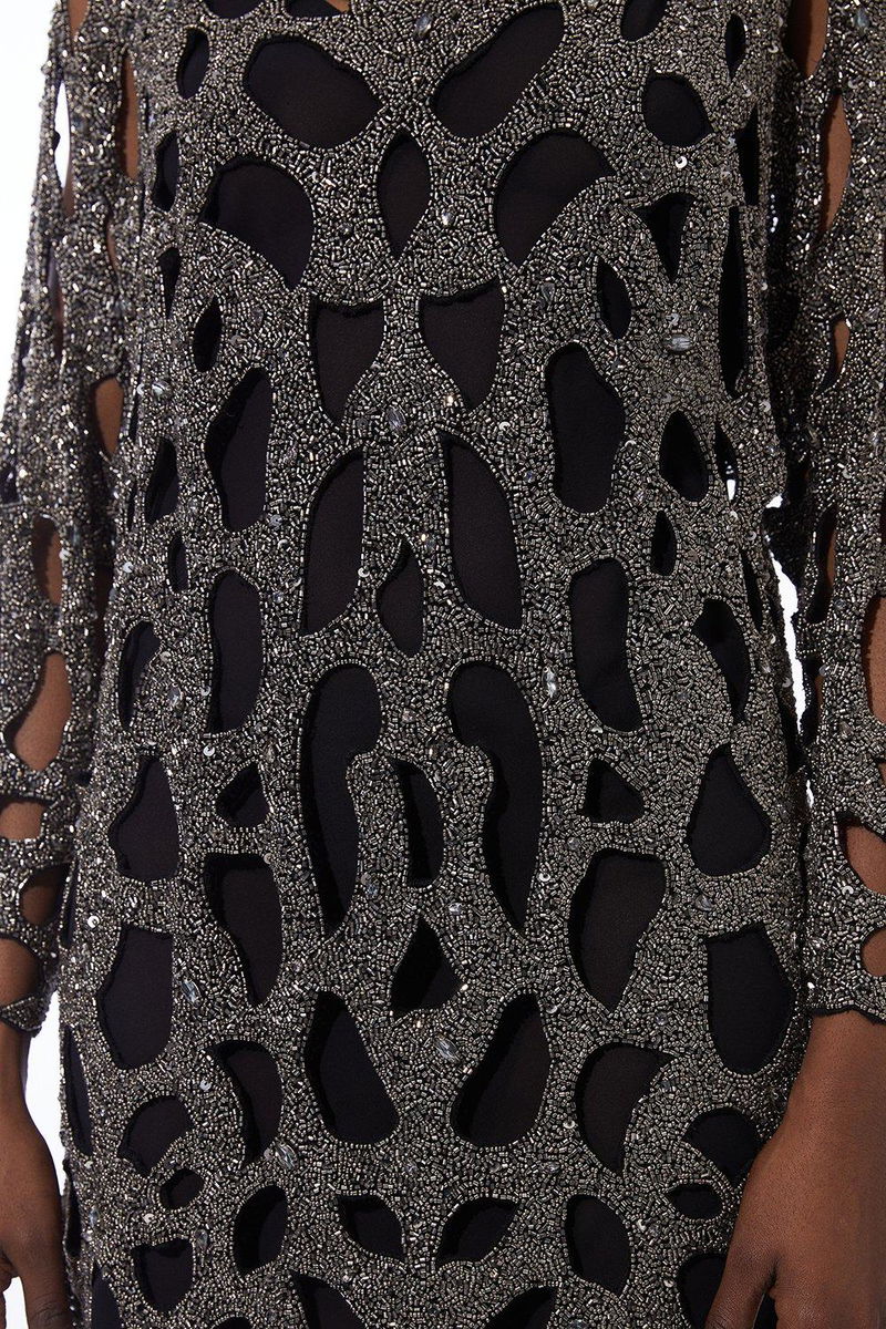 Karen Millen Crystal Embellished Woven Mini Dress In Gun Metal Endource
