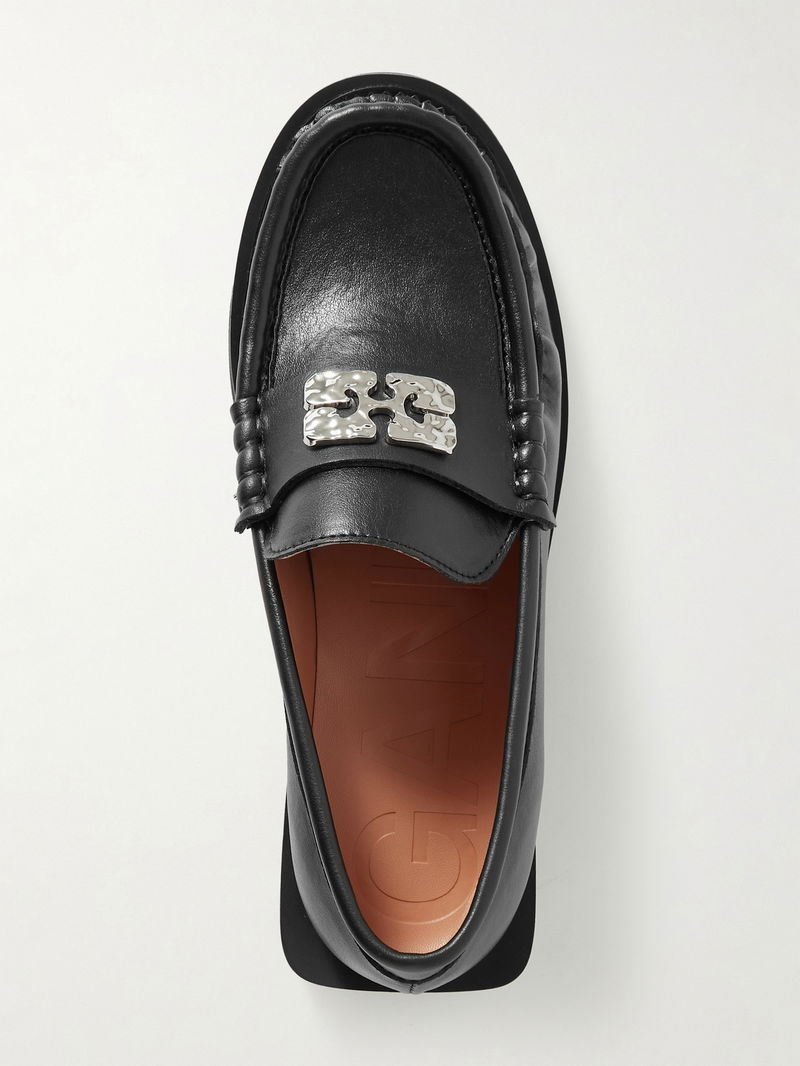 GANNI Butterfly Logo-Embellished Leather Loafers in Black | endource