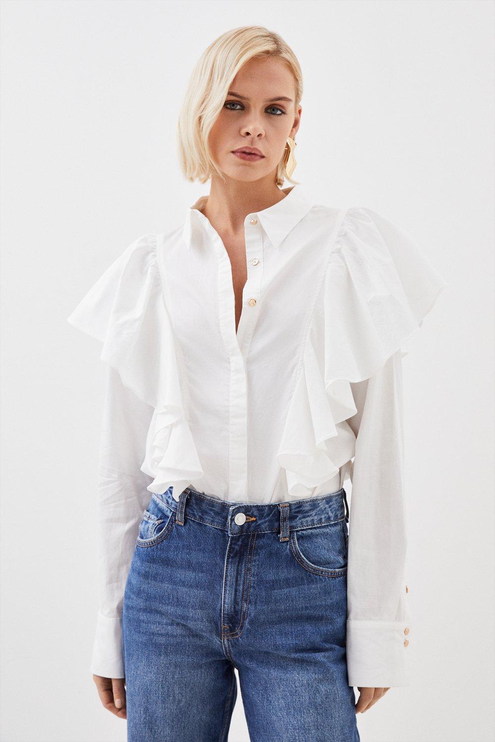 KAREN MILLEN Ruffle Panelled Cotton Poplin Woven Shirt in White | Endource