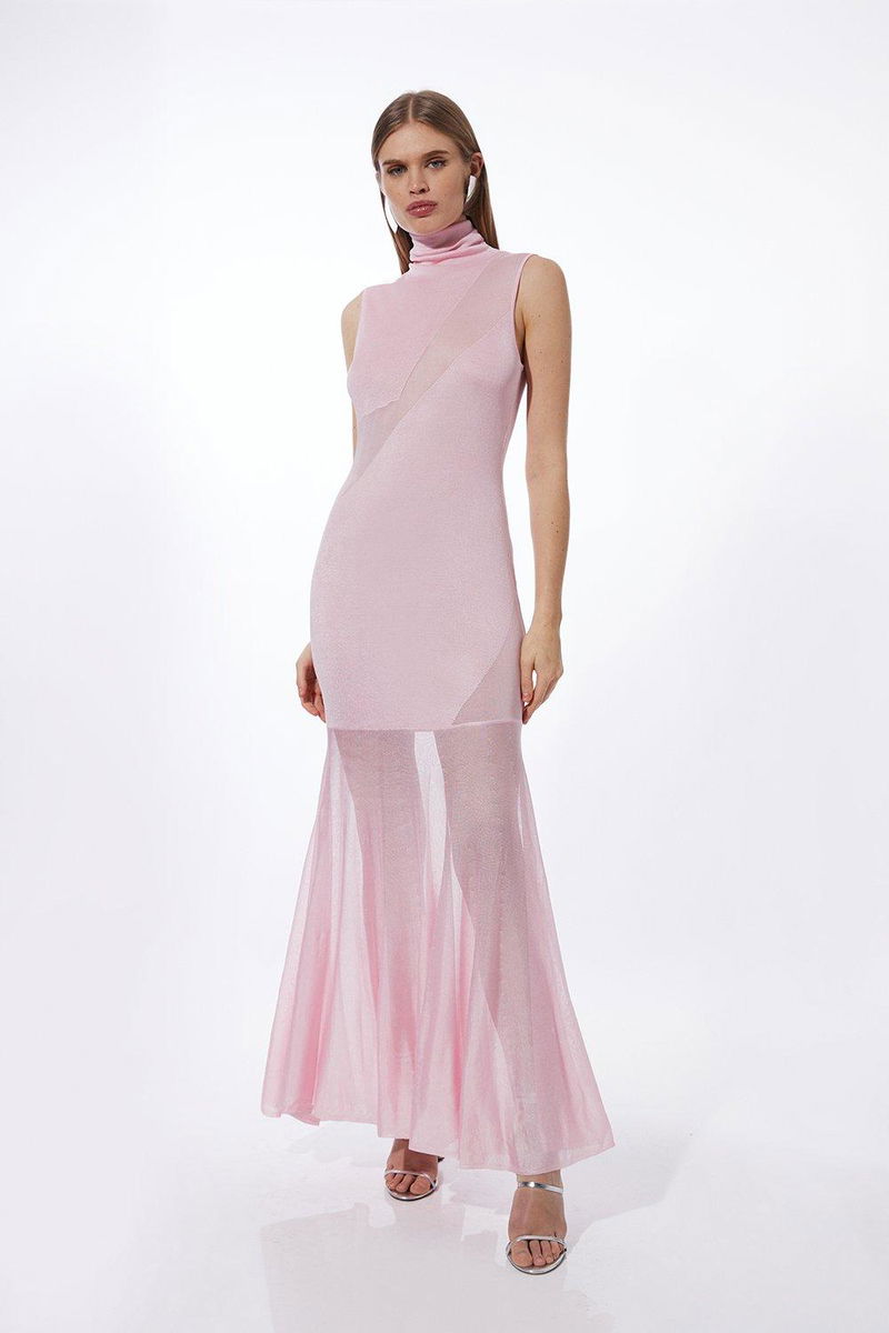 Karen Millen Viscose Blend Slinky Sheer Knit Roll Neck Maxi Dress In