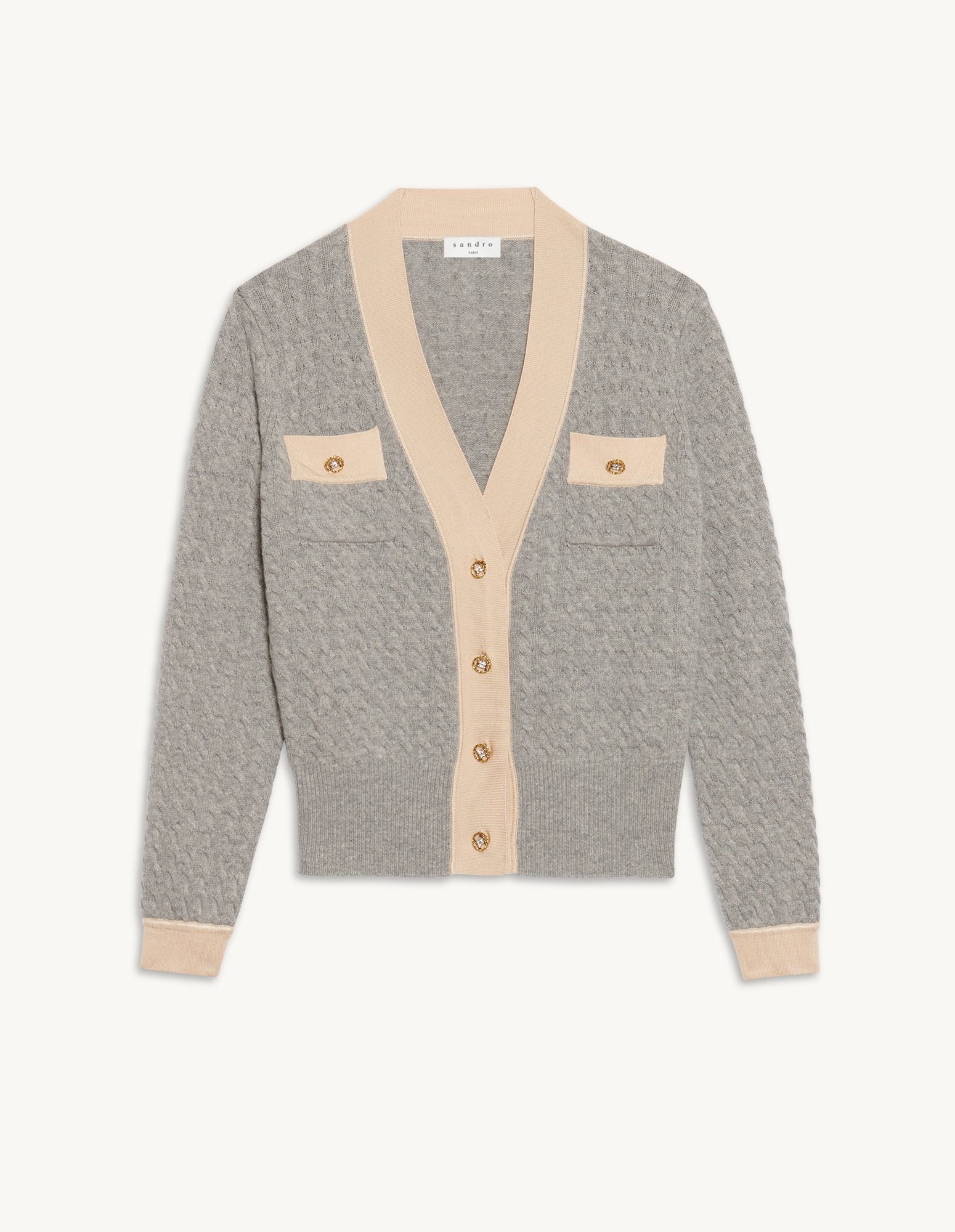 SANDRO Cable Knit Cropped Cardigan in Grey | endource