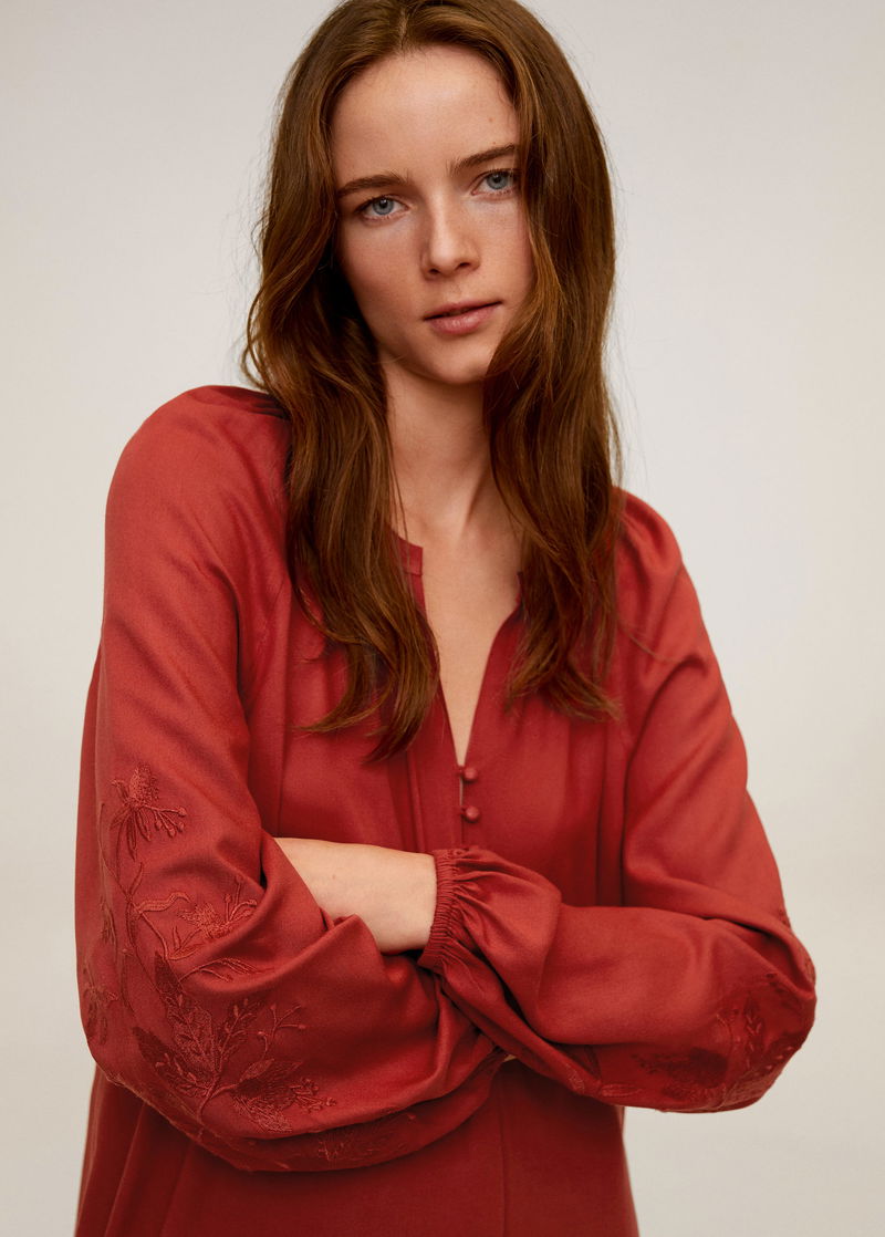 MANGO Embroidered Sleeves Dress in Russet | endource