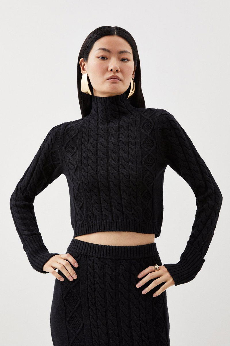 Karen Millen Cable Knit Crop Funnel Neck Jumper In Black Endource