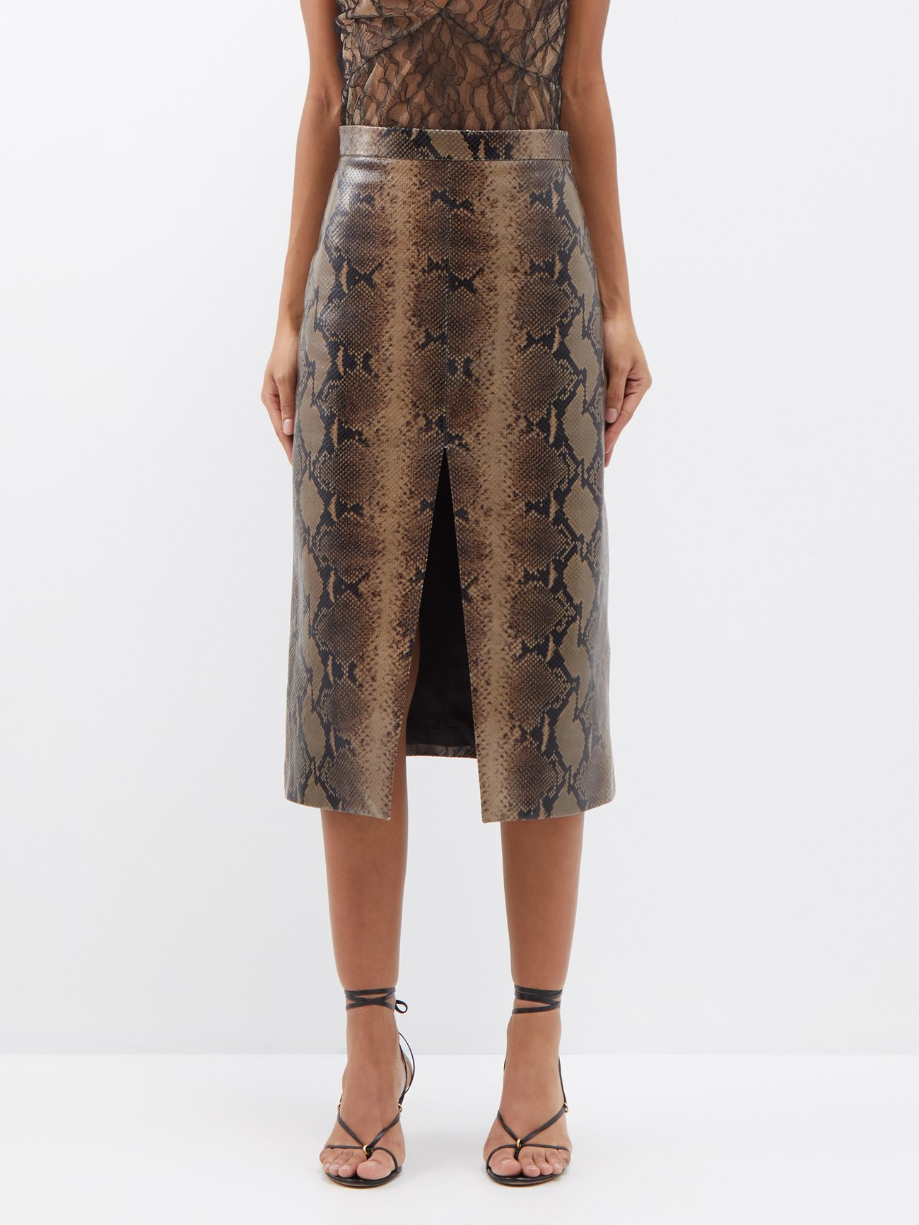 KHAITE Fraser Python-Embossed Leather Skirt in Brown | endource