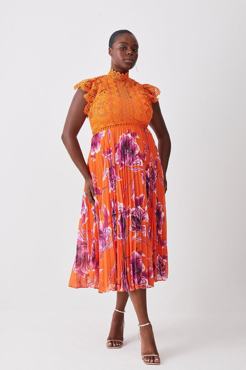 Karen Millen Plus Size Guipure Lace Mirrored Floral Pleat Midi Dress In