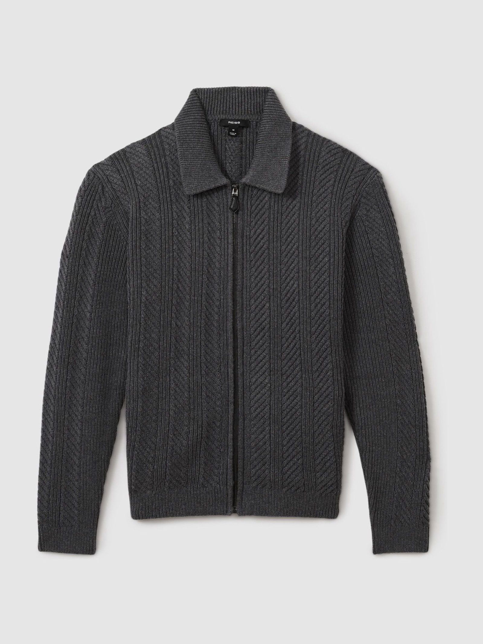 REISS Zip Through Cabled Jumper With Cotton And Wool in Mid Grey ...