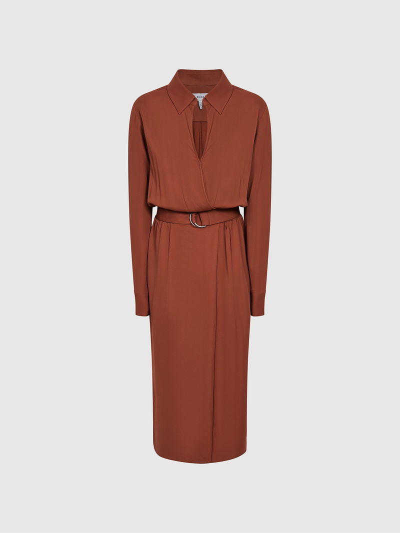 Reiss Emilie Belted Midi Dress In Rust Endource