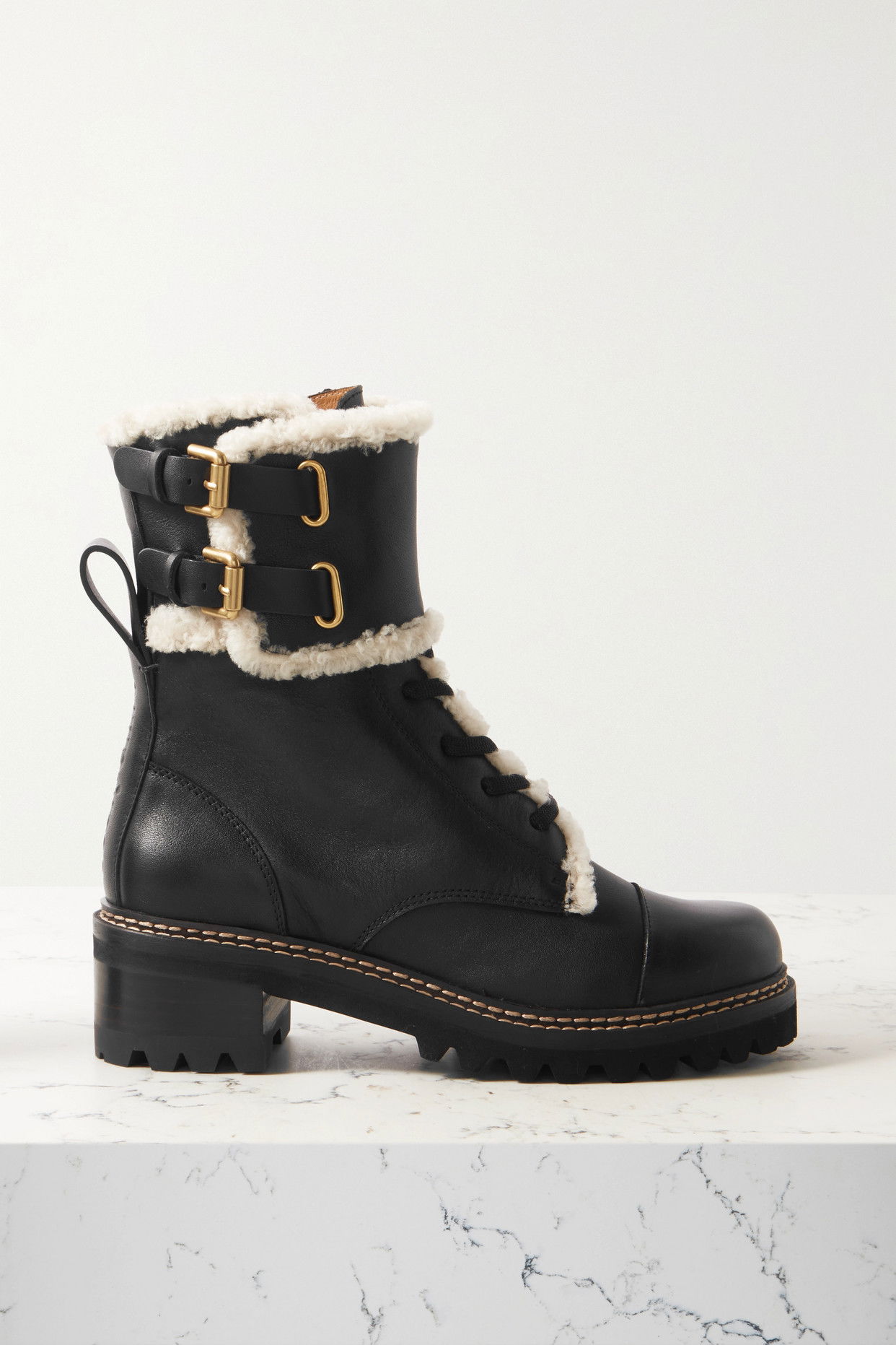SEE BY CHLOÉ Mallory Shearling-Lined Leather Combat Boots | endource