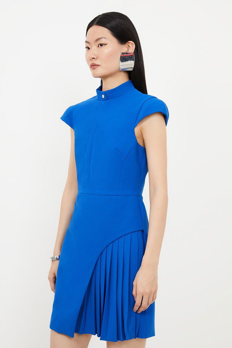 Karen Millen Tailored Crepe High Neck Side Pleat Detail Mini Dress In