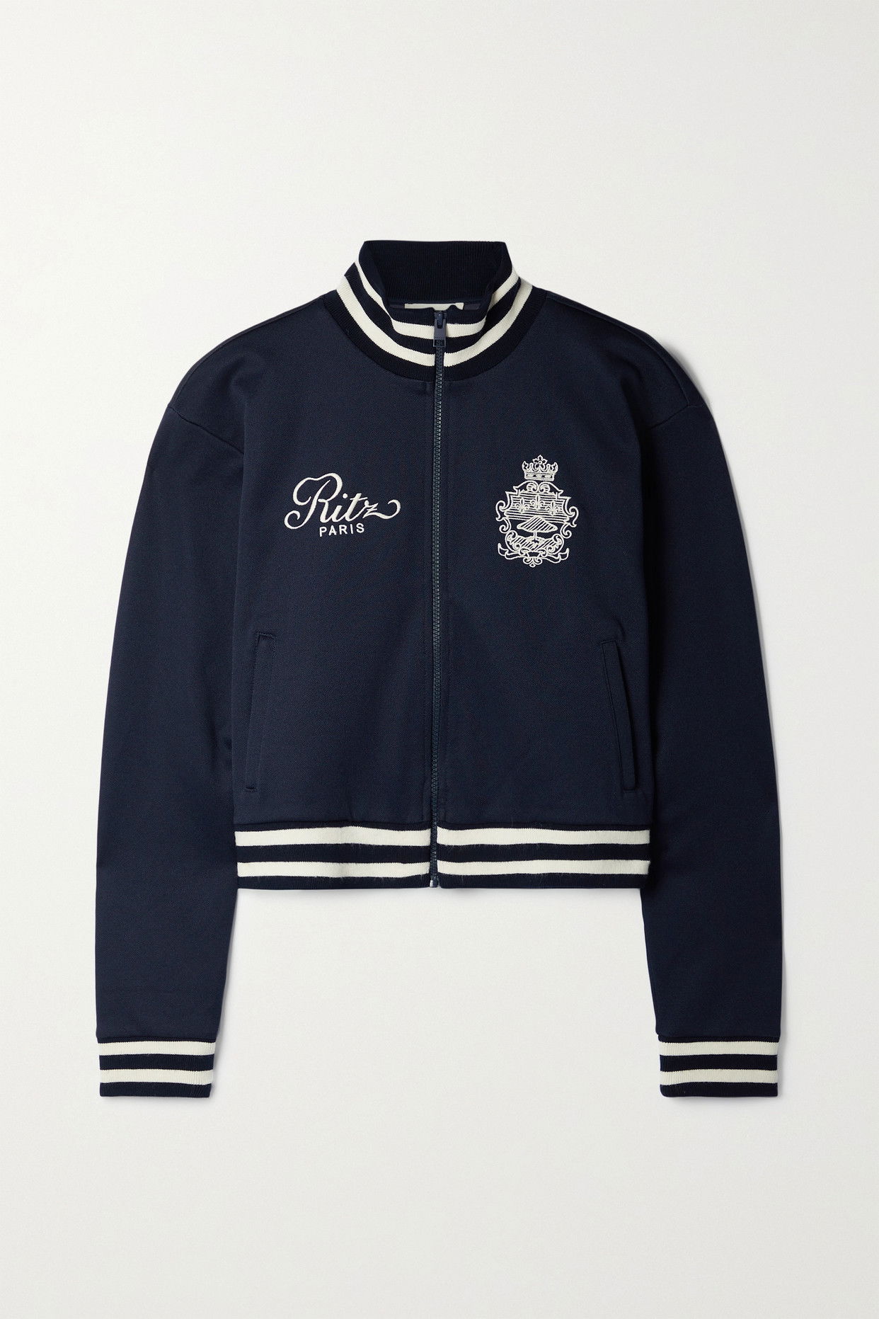 FRAME Ritz Paris Striped Embroidered Track Jacket in Blue | Endource