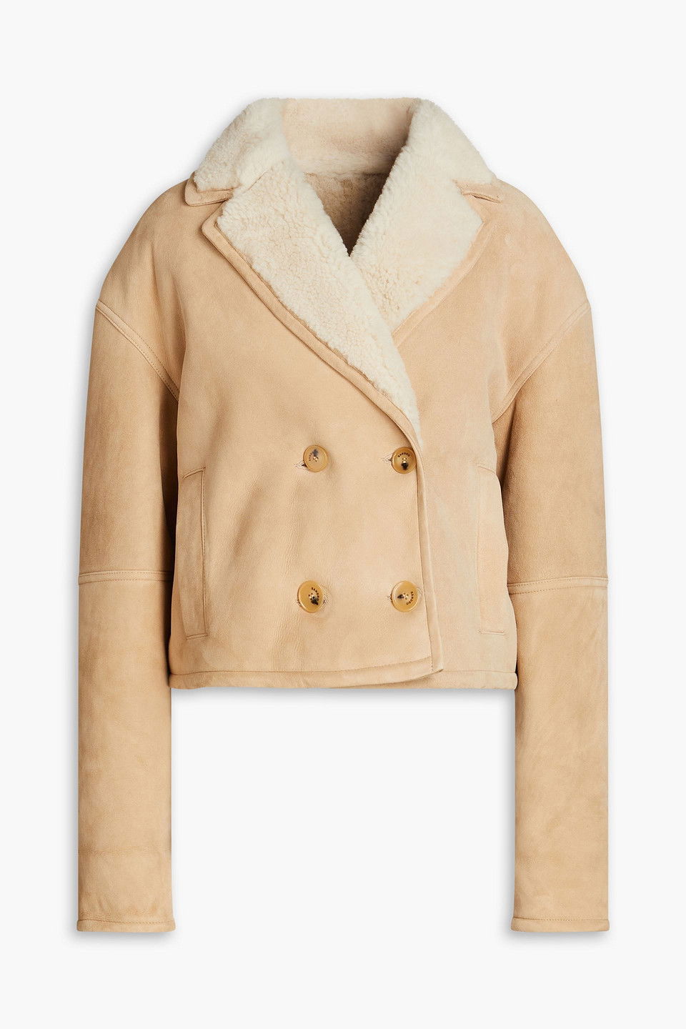 SANDRO Double-Breasted Shearling Jacket in Neutral | endource