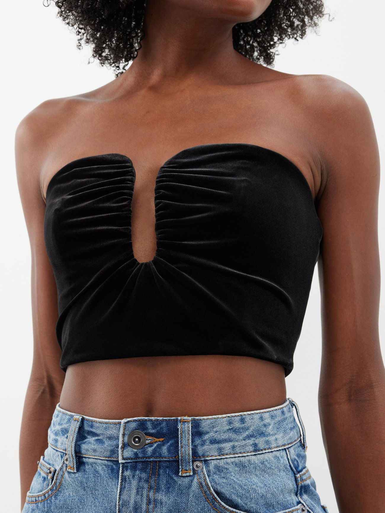 SELF-PORTRAIT Plunge-Neck Velvet Cropped Bandeau Top | endource