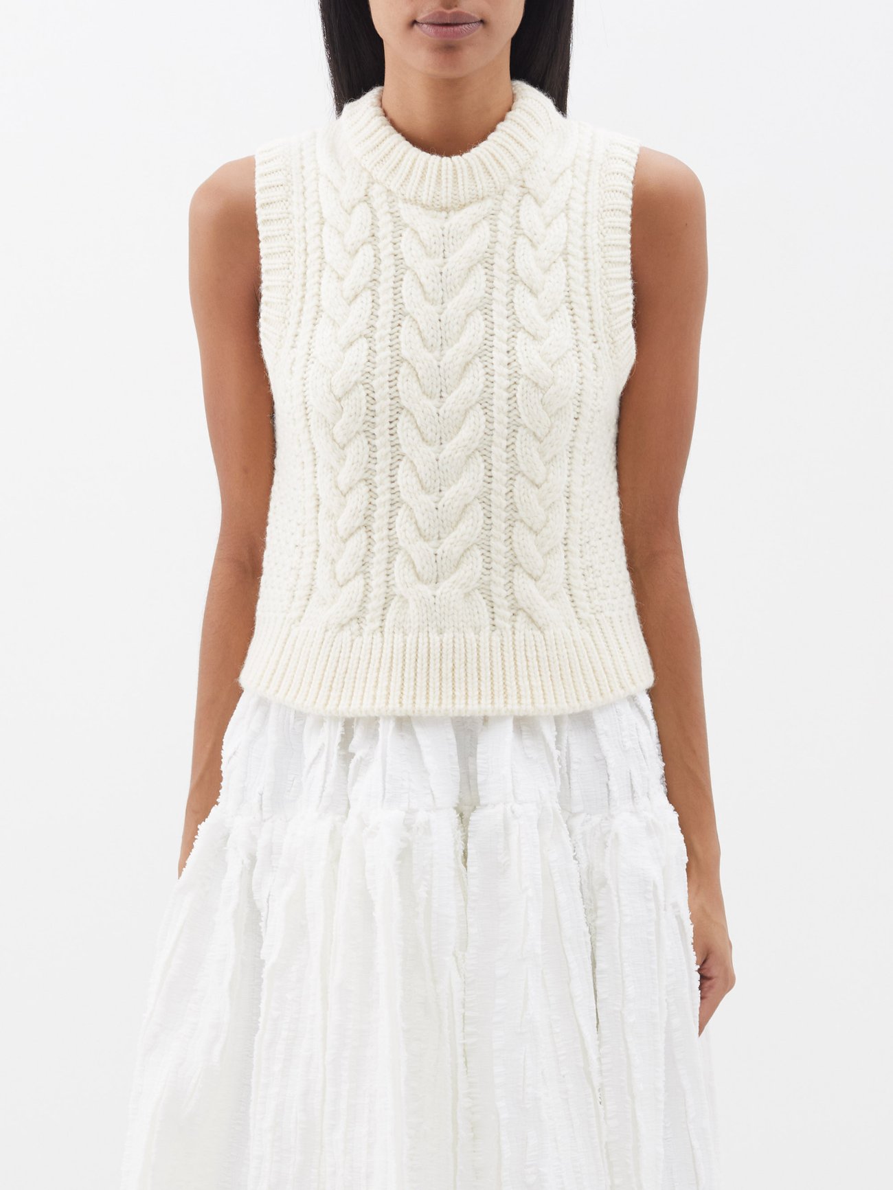 CECILIE BAHNSEN Hannah Cable-Knit Wool Sweater Vest in White | Endource