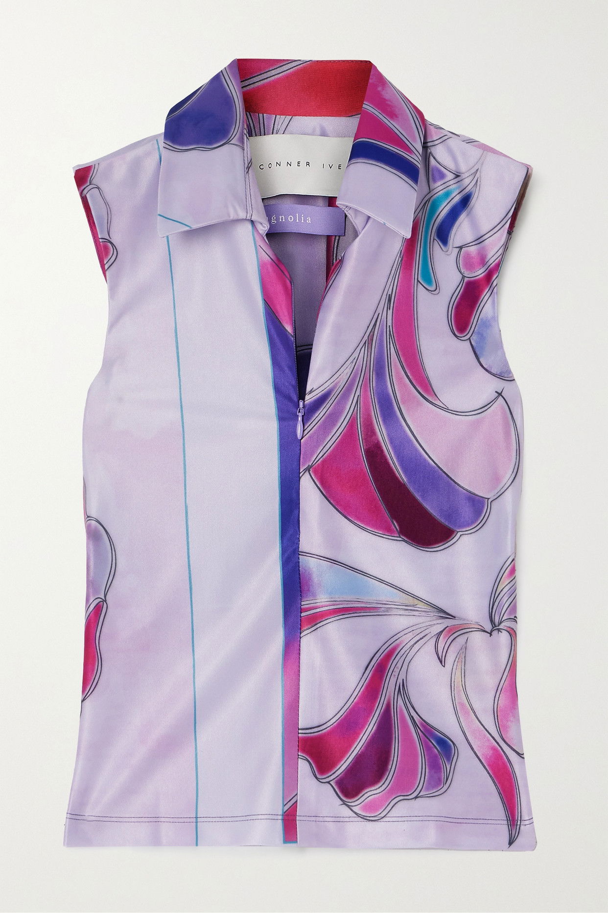 CONNER IVES Printed Stretch Recycled-Satin Top in Purple | Endource