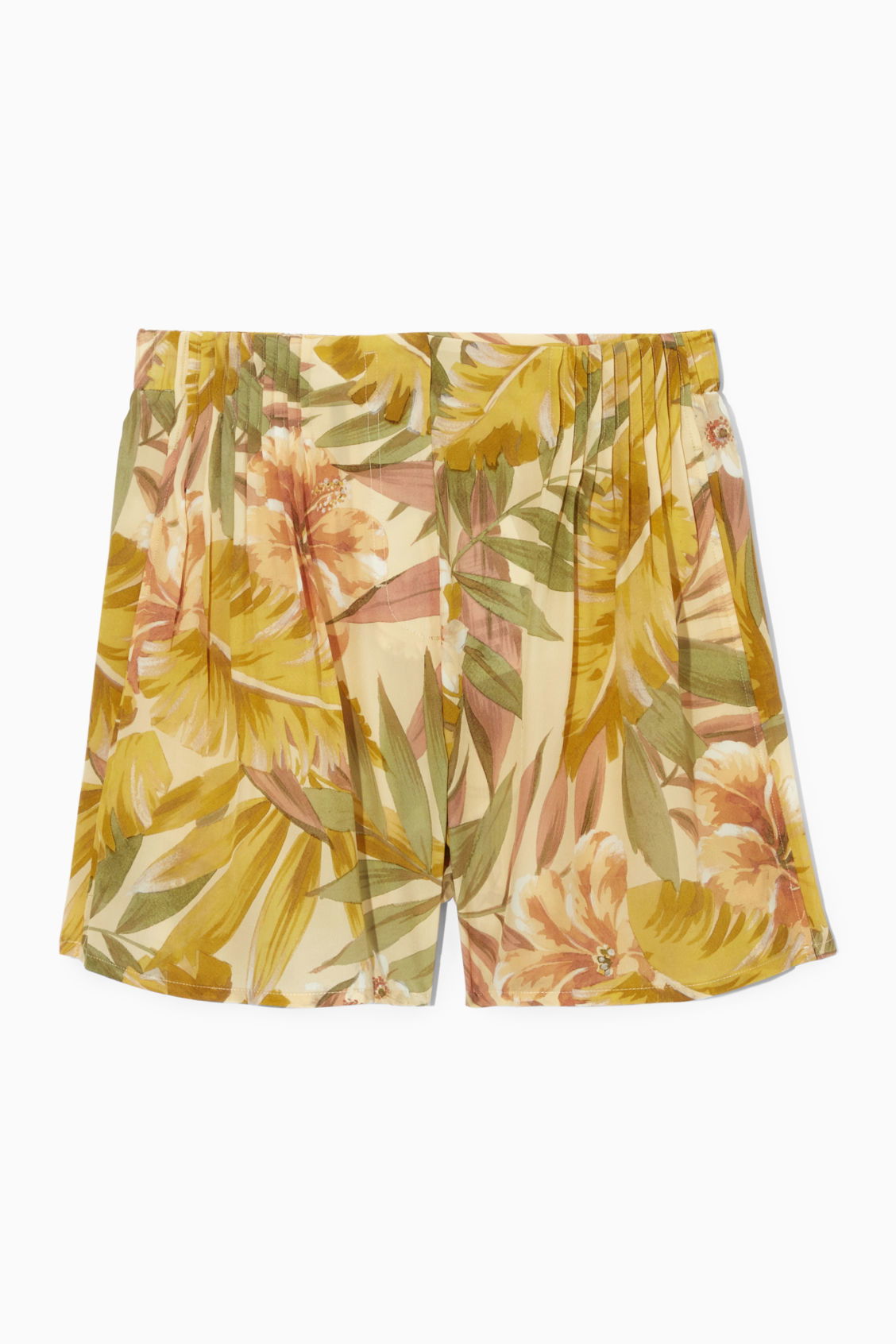 COS Floral-Print Silk Shorts in YELLOW / GREEN / FLORAL PRINT | Endource