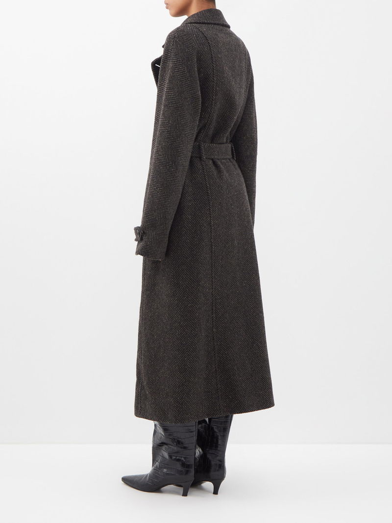 RAEY Oversized Belted Herringbone Wool Coat in Grey | endource
