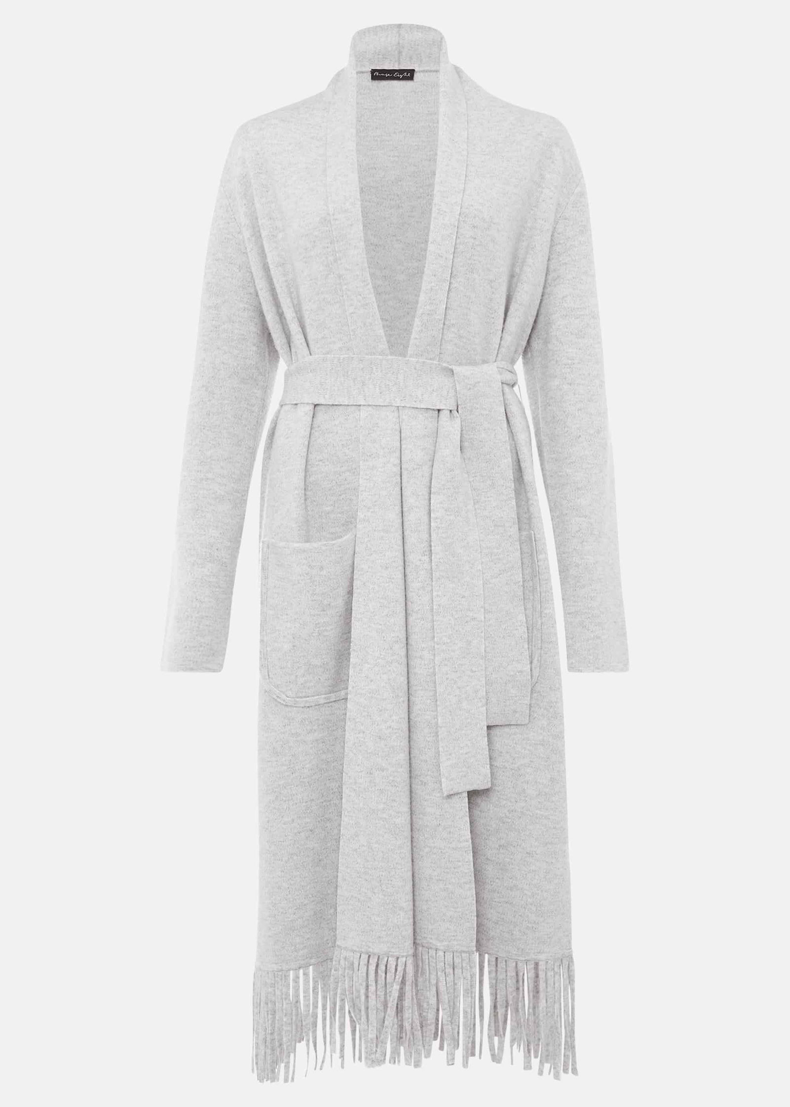PHASE EIGHT Debbie Tassel Trim Maxi Cardigan in Pale Grey | endource