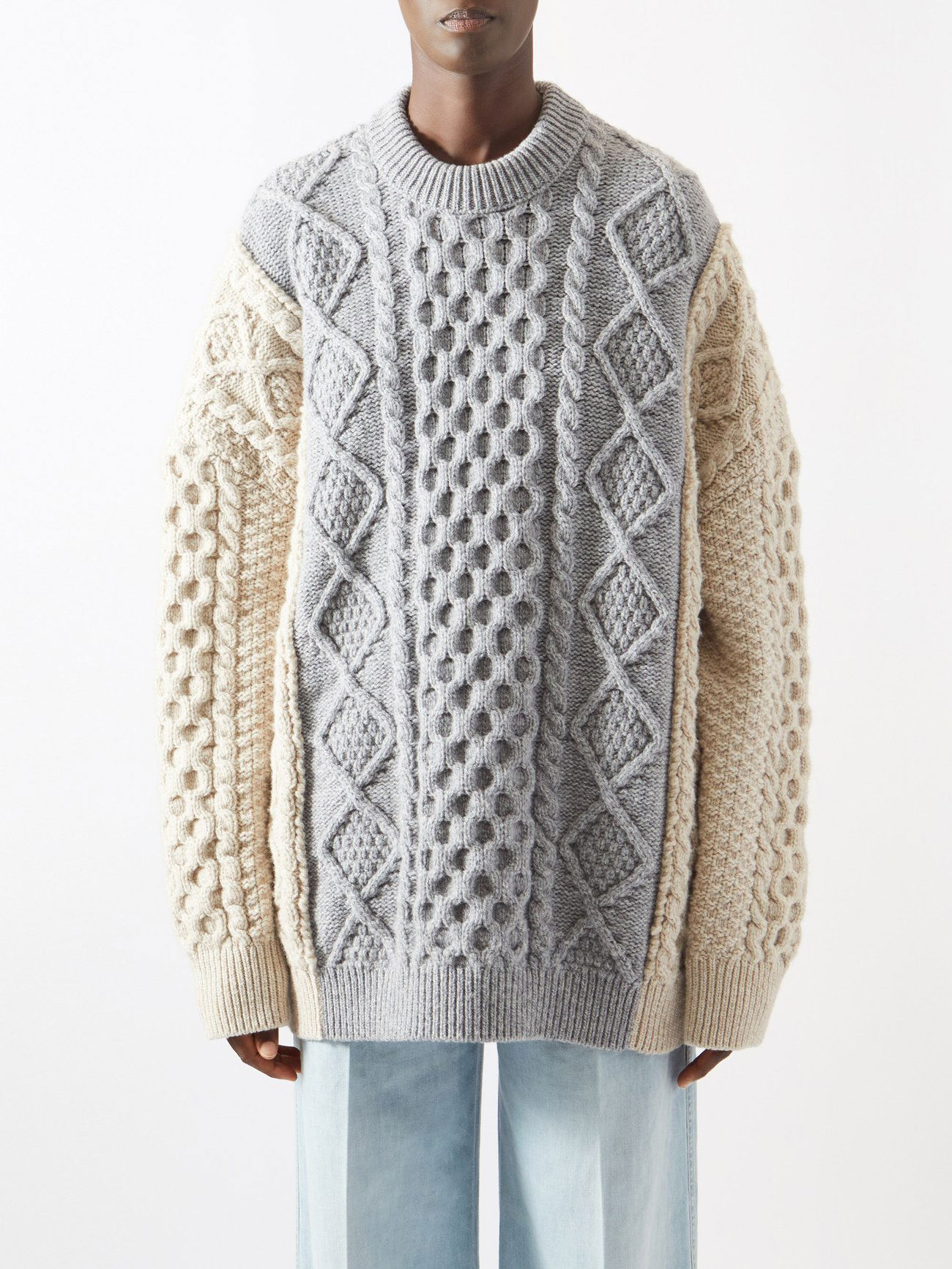 BOTTEGA VENETA Aran Patchwork Cable-Knit Wool-Blend Sweater | endource