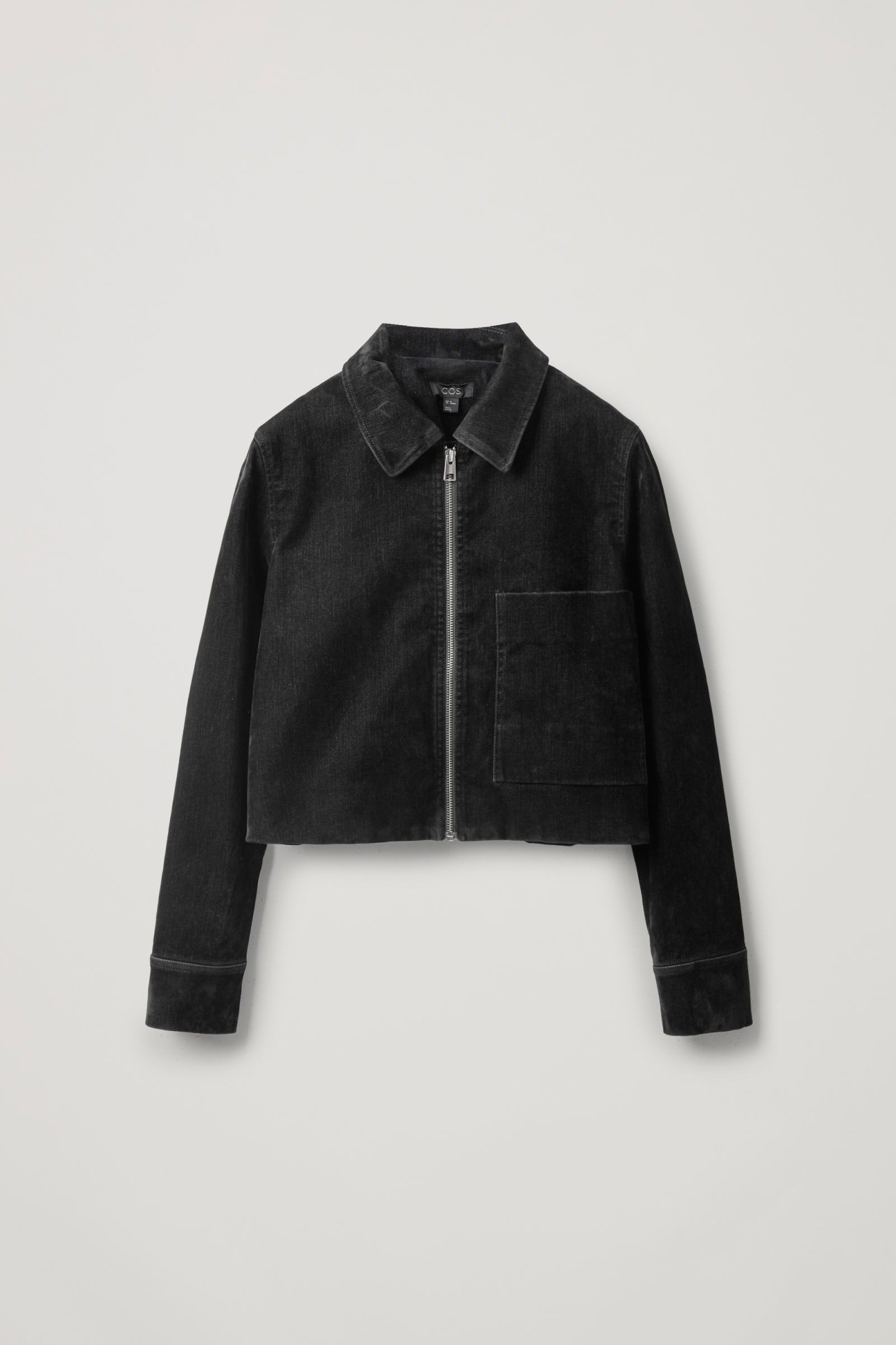COS Cropped Velvet Denim Jacket in black | endource