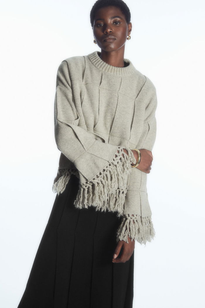 COS Fringed Panelled Wool Jumper in LIGHT GREY MÉLANGE | endource