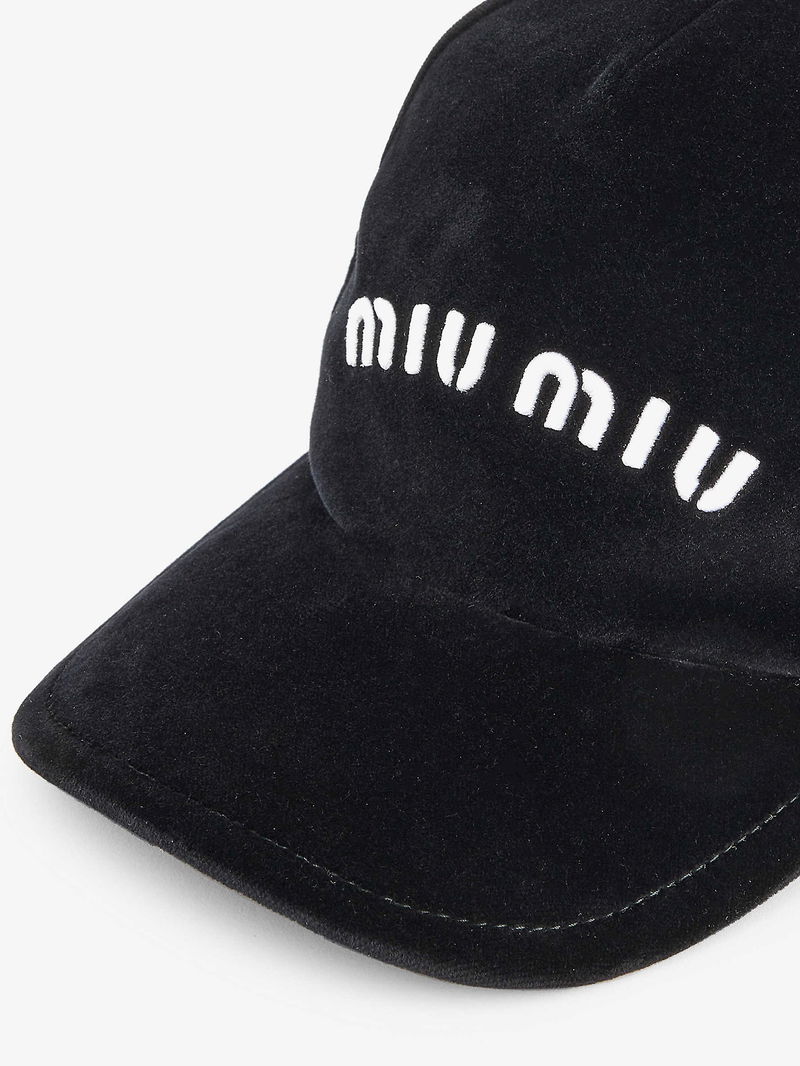 MIU MIU Brand-Embroidered Velour Cap in NERO+BIANCO | endource