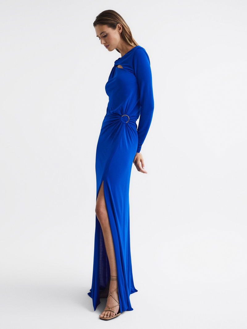 REISS Catalina Cut Out Hardware Detail Jersey Maxi Dress in Blue | Endource