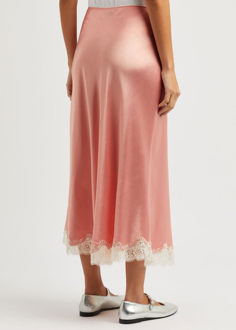 RIXO Ardith Lace-Trimmed Satin Midi Skirt | Endource