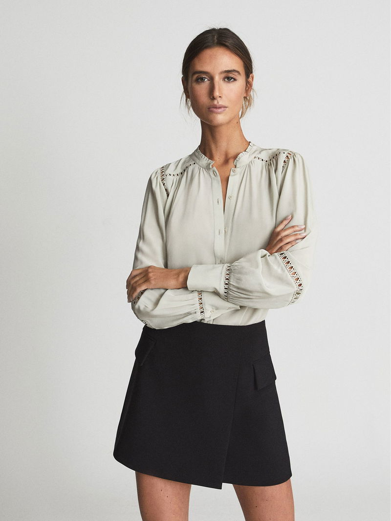 REISS Kalisa Ladder Embroidery Satin Blouse in Pale Green | Endource