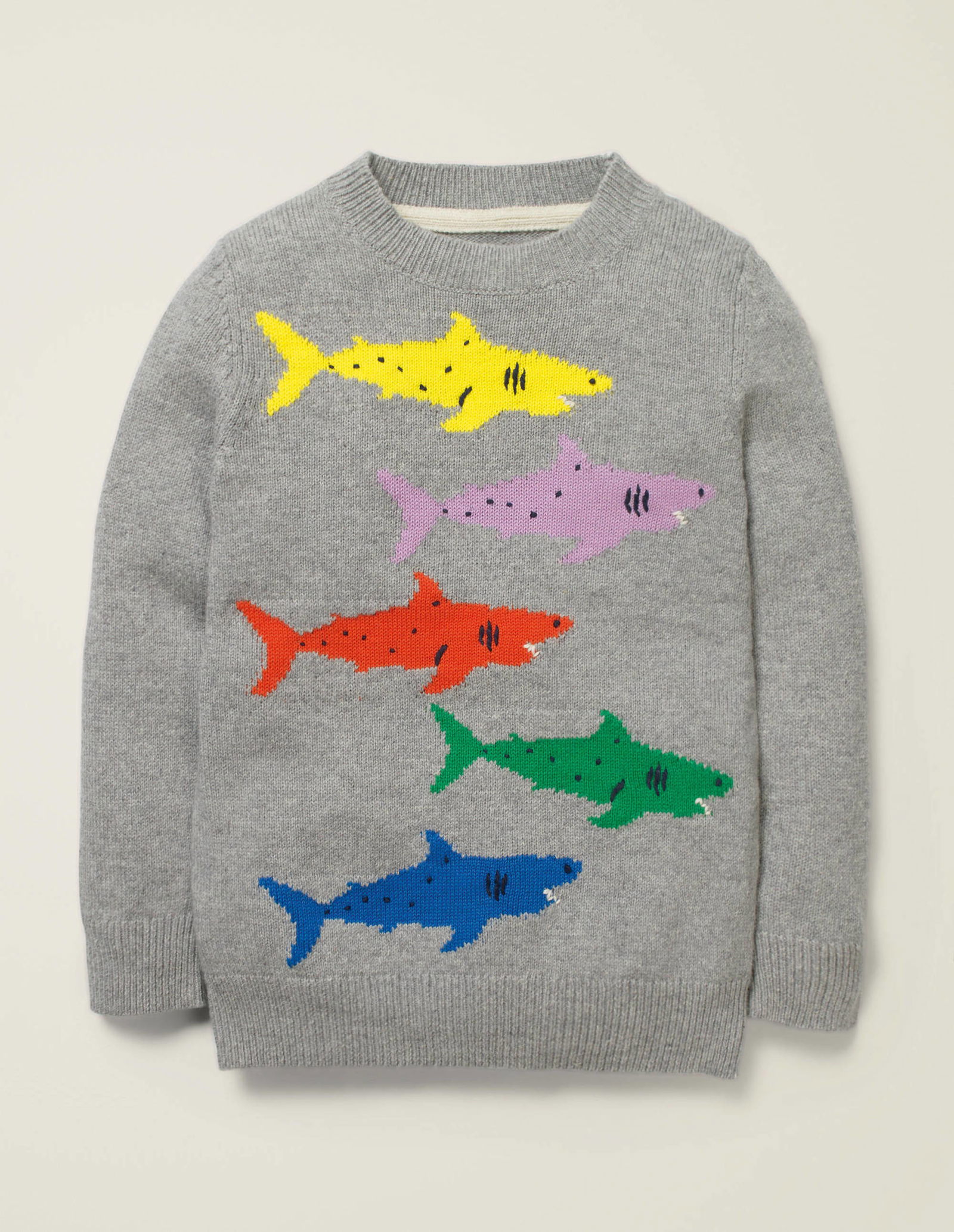 BODEN Shark Crew Jumper in Grey Marl Rainbow Sharks | Endource